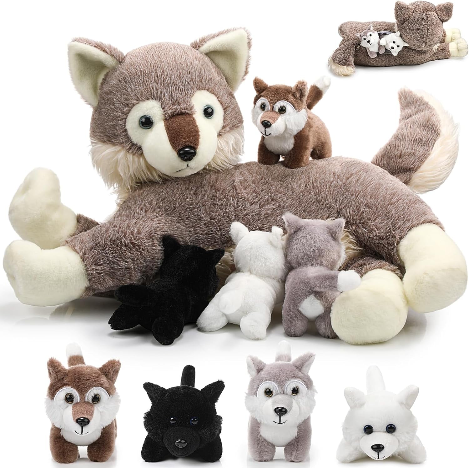 5 Pcs Wolf Stuffed Animals Set 20 Inch Mommy Plush with 4 Magnetic Baby ...
