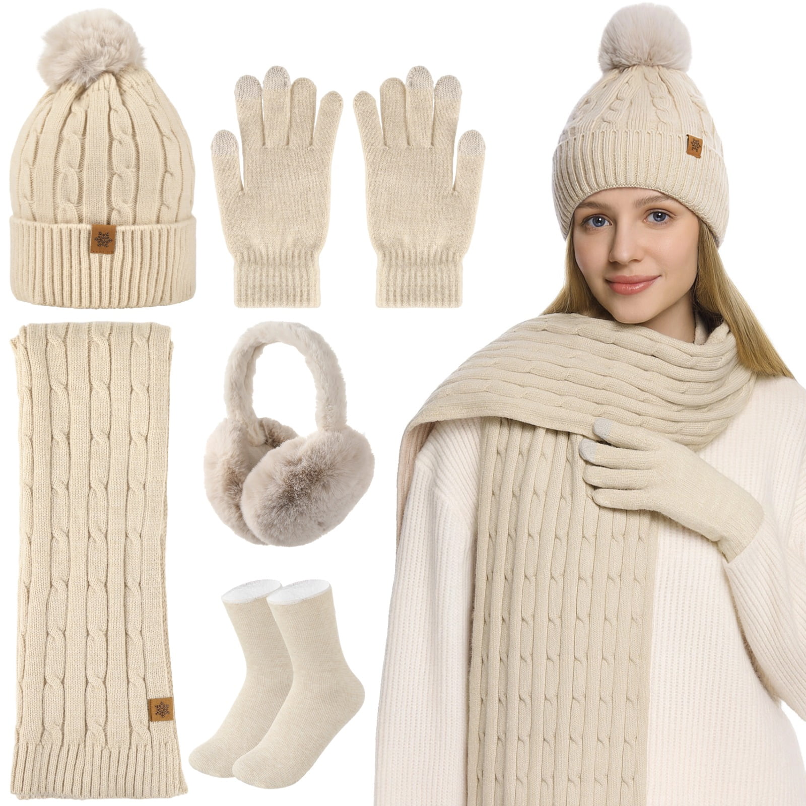 5 Pcs Women Winter Warm Accessories Set, Knit Beanie Hat, Scarf ...