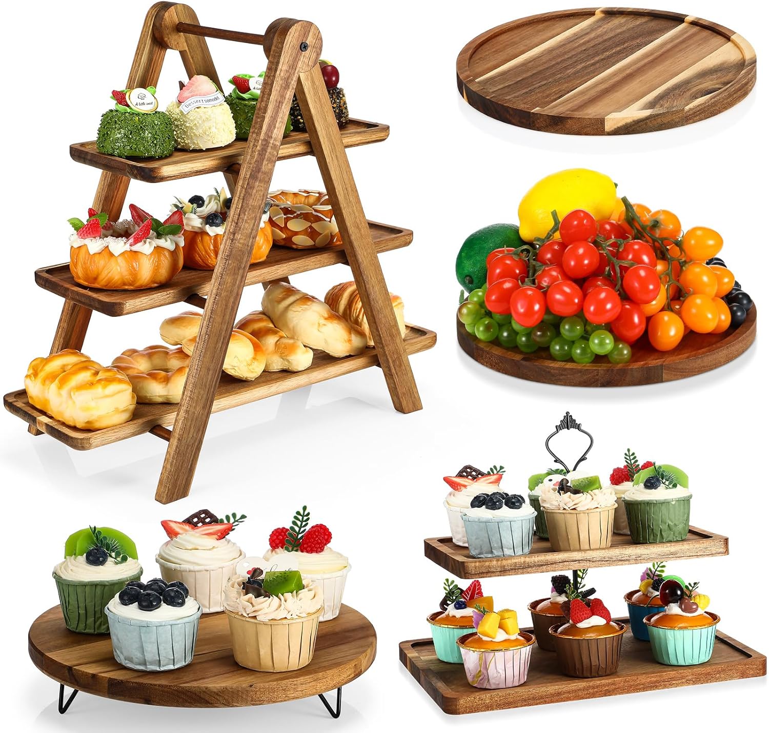 5 Pcs Wooden Dessert Table Display Set, Farmhouse 2 Tier Cupcake Stand ...