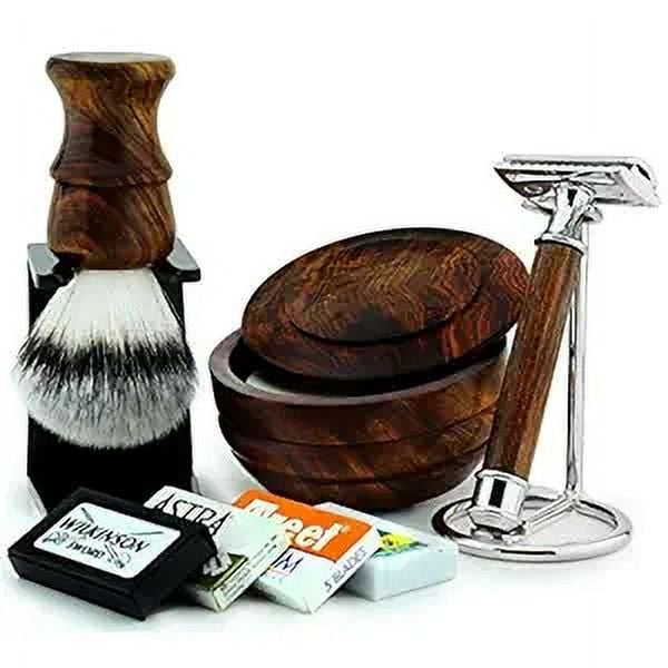 5 Pcs Wooden Made Men's Shaving Kit Classic Wet Shave Safety Razor ...