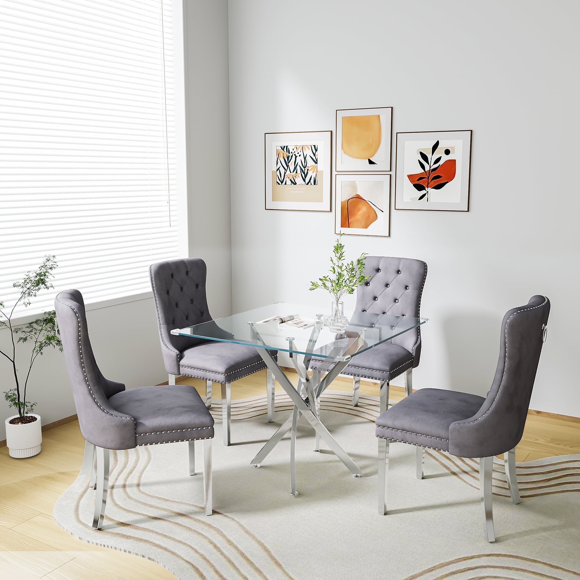 5-Piece 36" Square Glass Dining Table for 4, Clear Tempered Glass Top ...