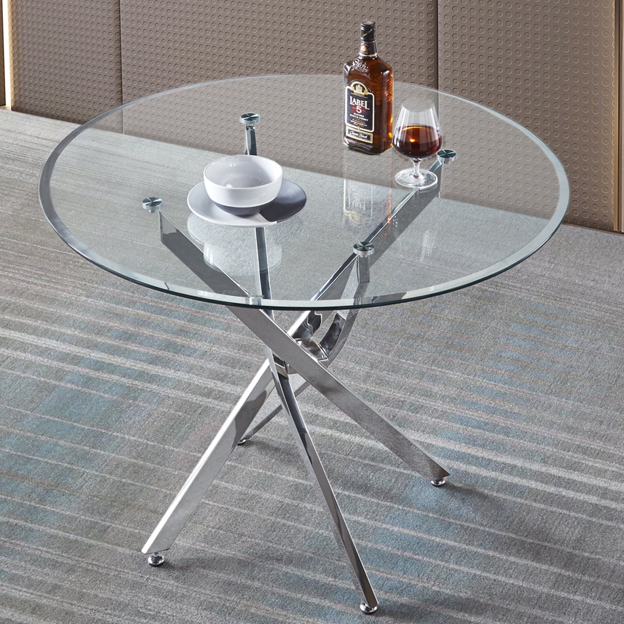 5-Piece 36" Round Glass Dining Set, Clear Tempered Glass Table & 4 PU ...