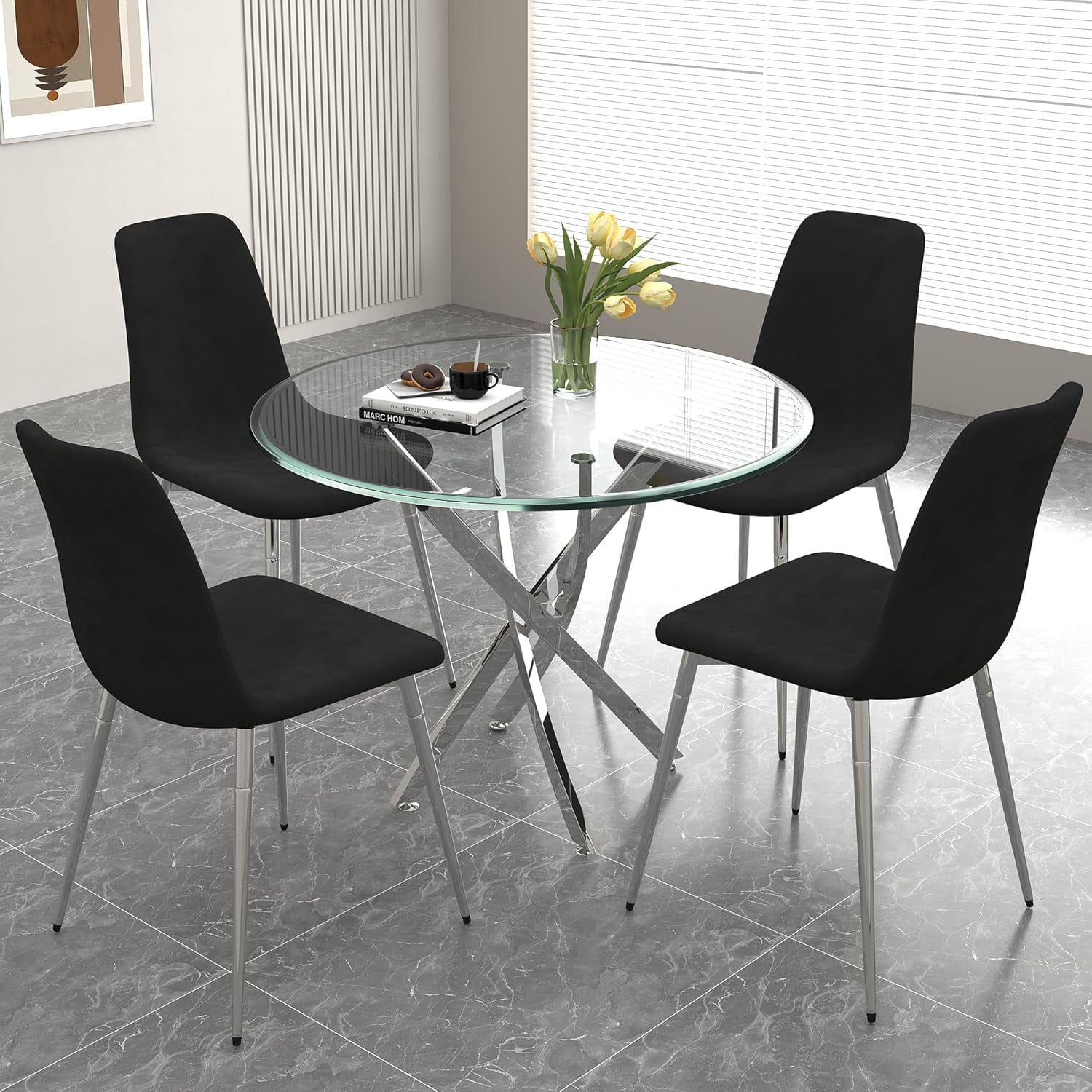5-Piece 36" Round Glass Dining Set, Clear Tempered Glass Table & 4 ...