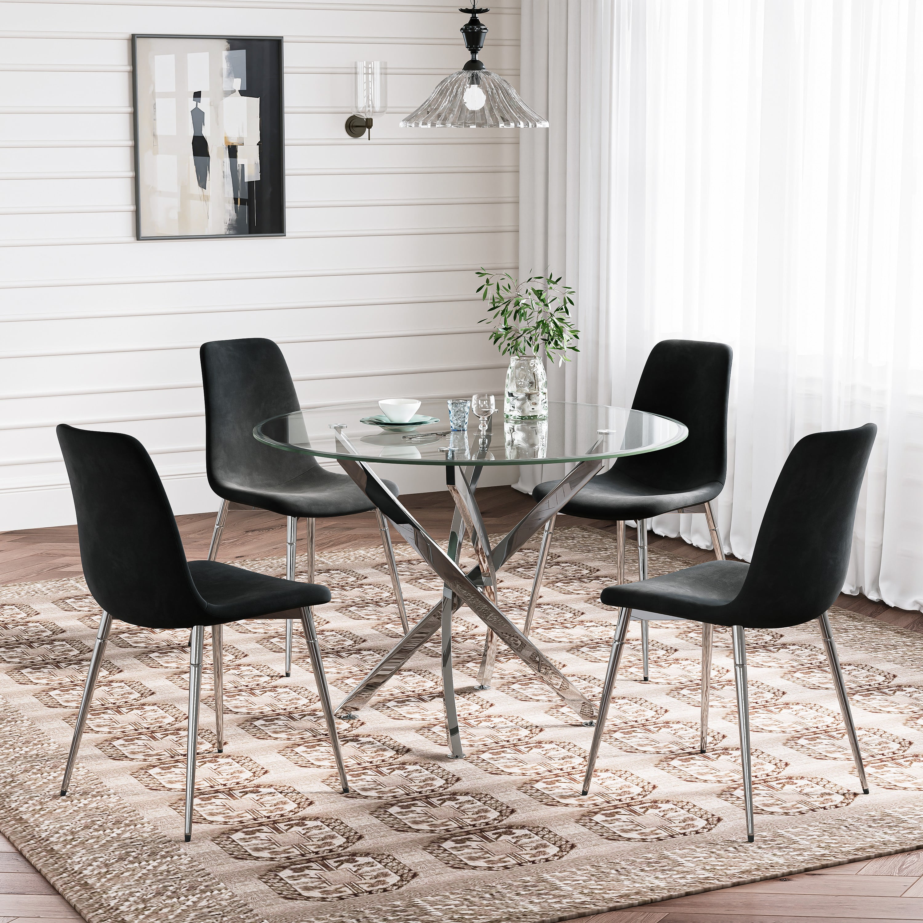 5-Piece 36" Round Glass Dining Set, Clear Tempered Glass Table & 4 ...