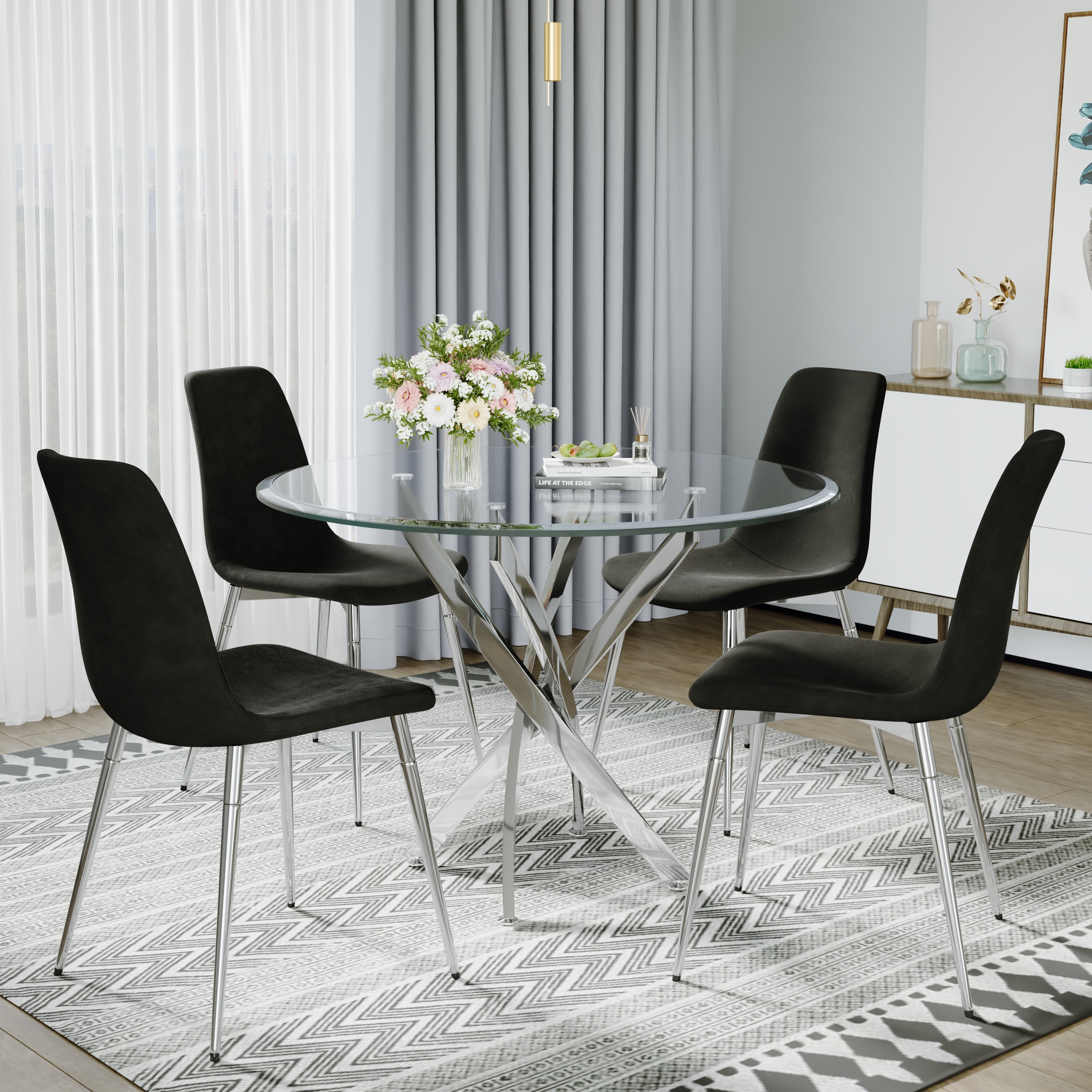 5-Piece 36" Round Glass Dining Set, Clear Tempered Glass Table & 4 ...