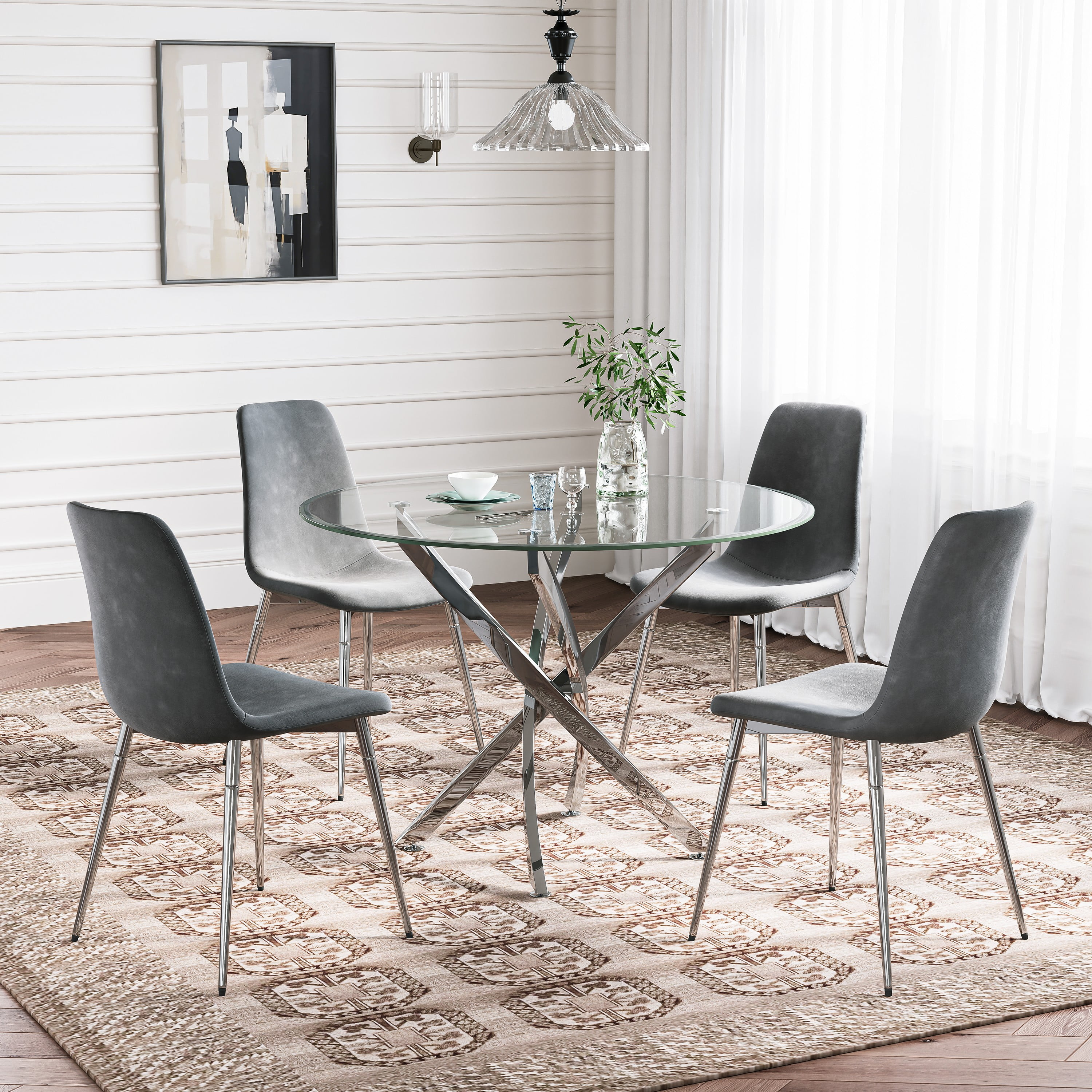 5-Piece 36" Round Glass Dining Set, Clear Tempered Glass Table & 4 ...