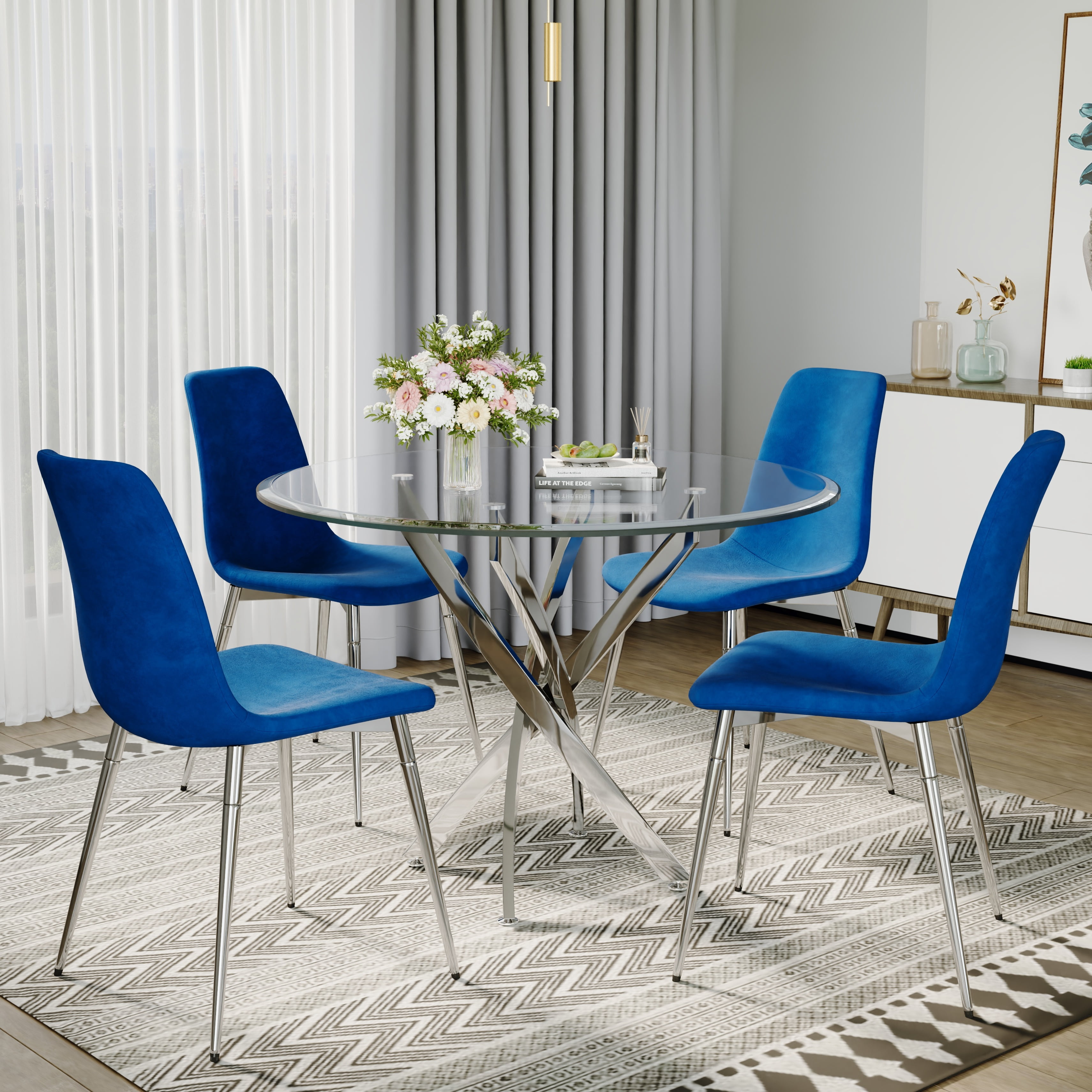 5-Piece 36" Round Glass Dining Set, Clear Tempered Glass Table & 4 ...