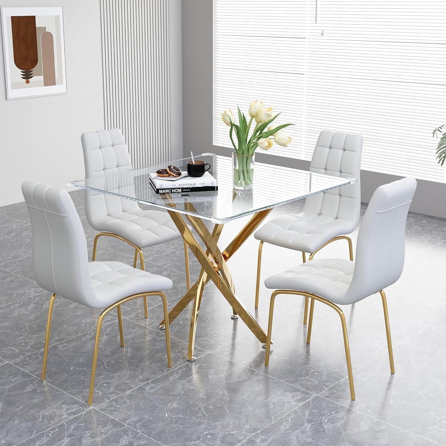 5-Piece 36" Square Glass Dining Set, Clear Tempered Glass Table & 4 PU ...