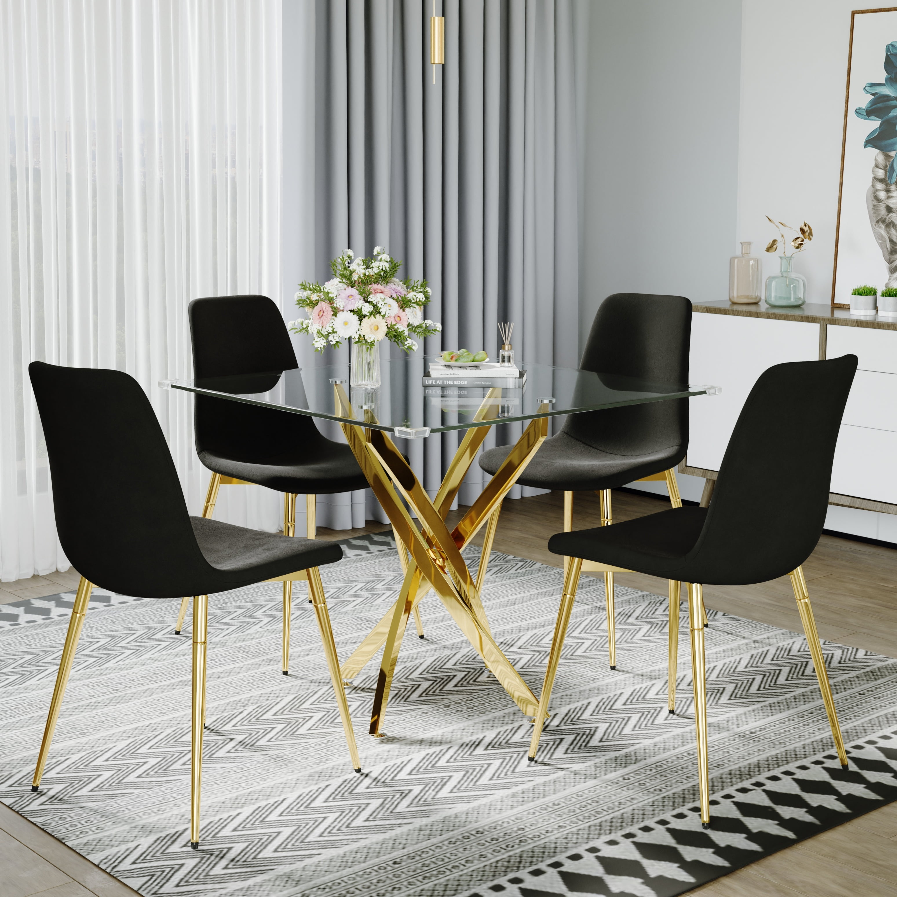 5-Piece 36" Square Glass Dining Set, Clear Tempered Glass Table & 4 ...