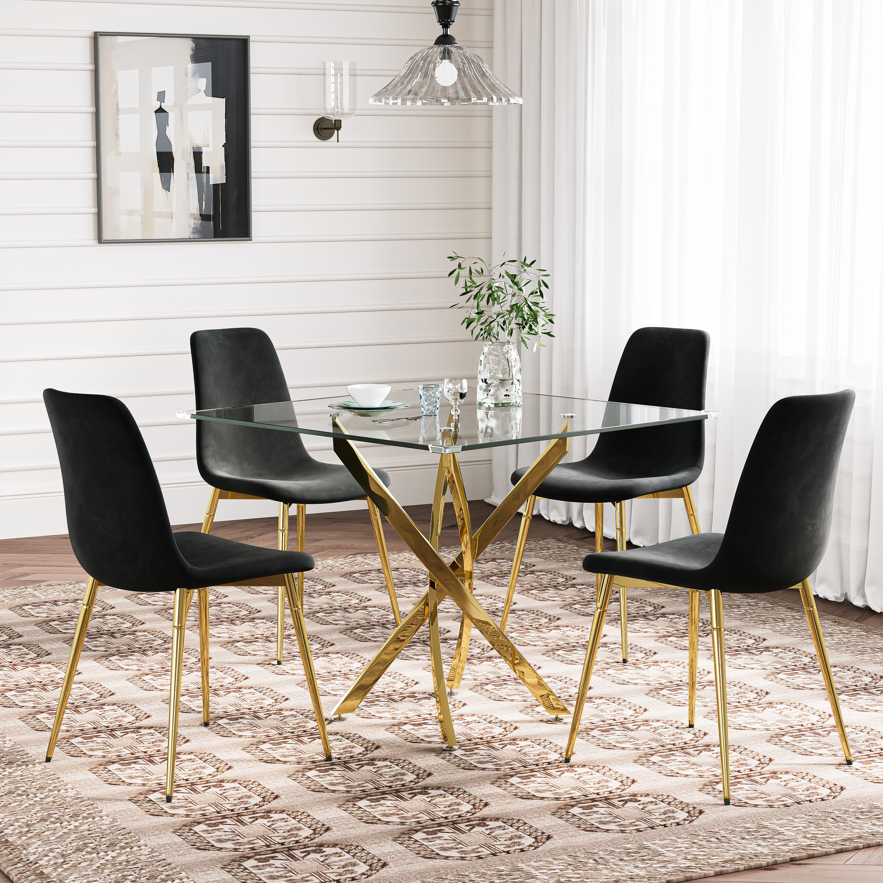 5-Piece 36" Square Glass Dining Set, Clear Tempered Glass Table & 4 ...
