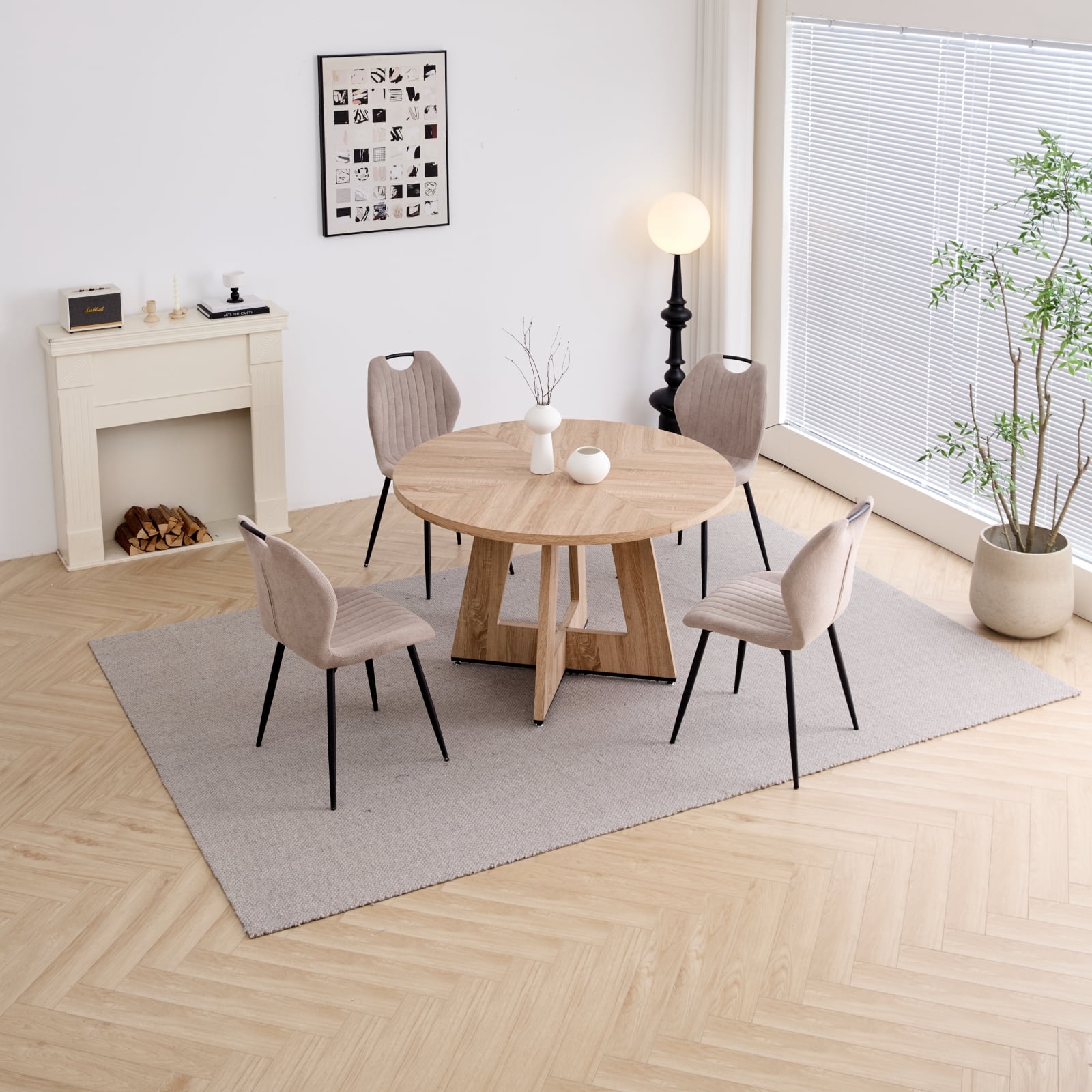 5 Piece 47'' Round Dining Table Chairs Set for 4, Farmhouse Oak Kitchen ...
