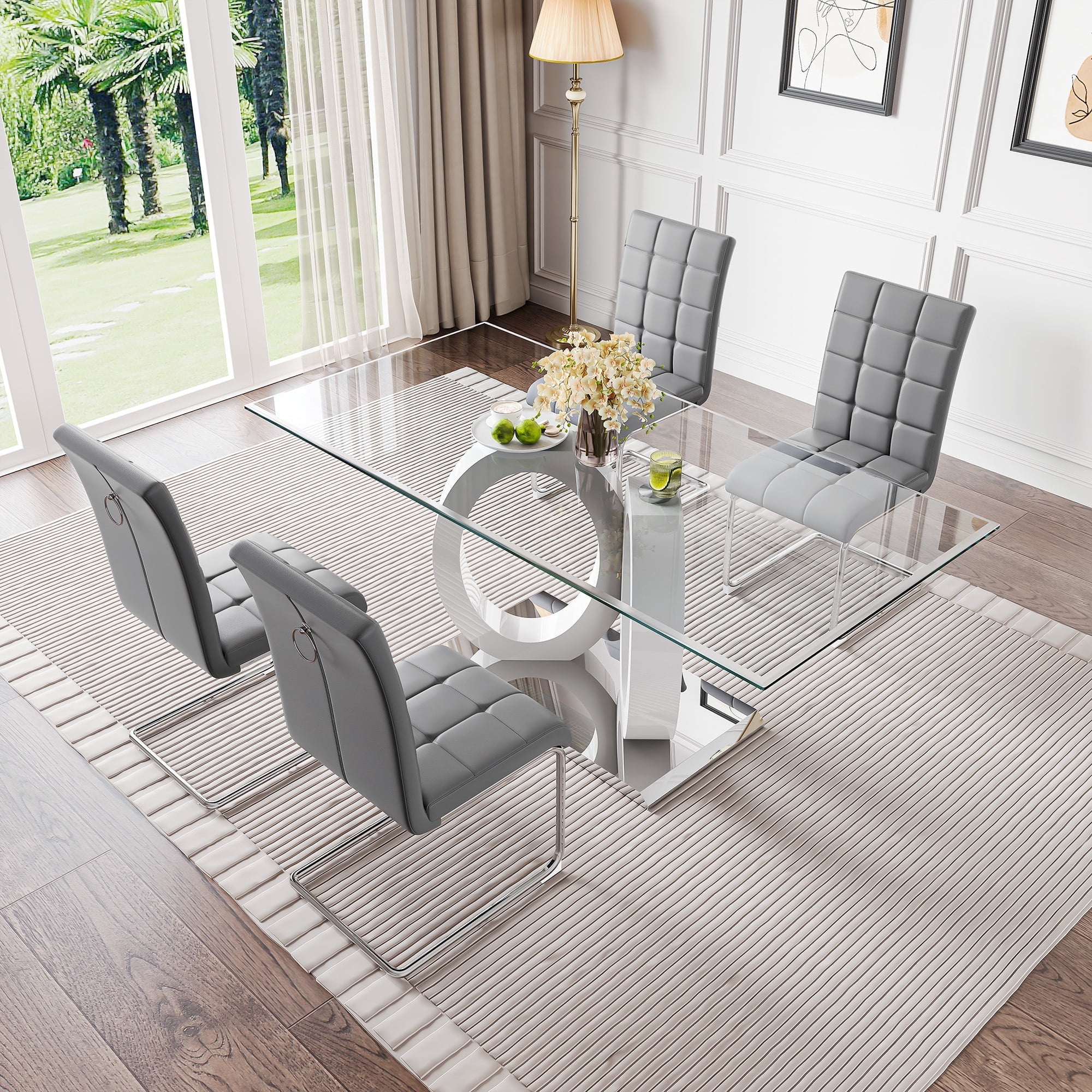 5-Piece 70" Glass Dining Table Set, Tempered Glass Top with Double O ...