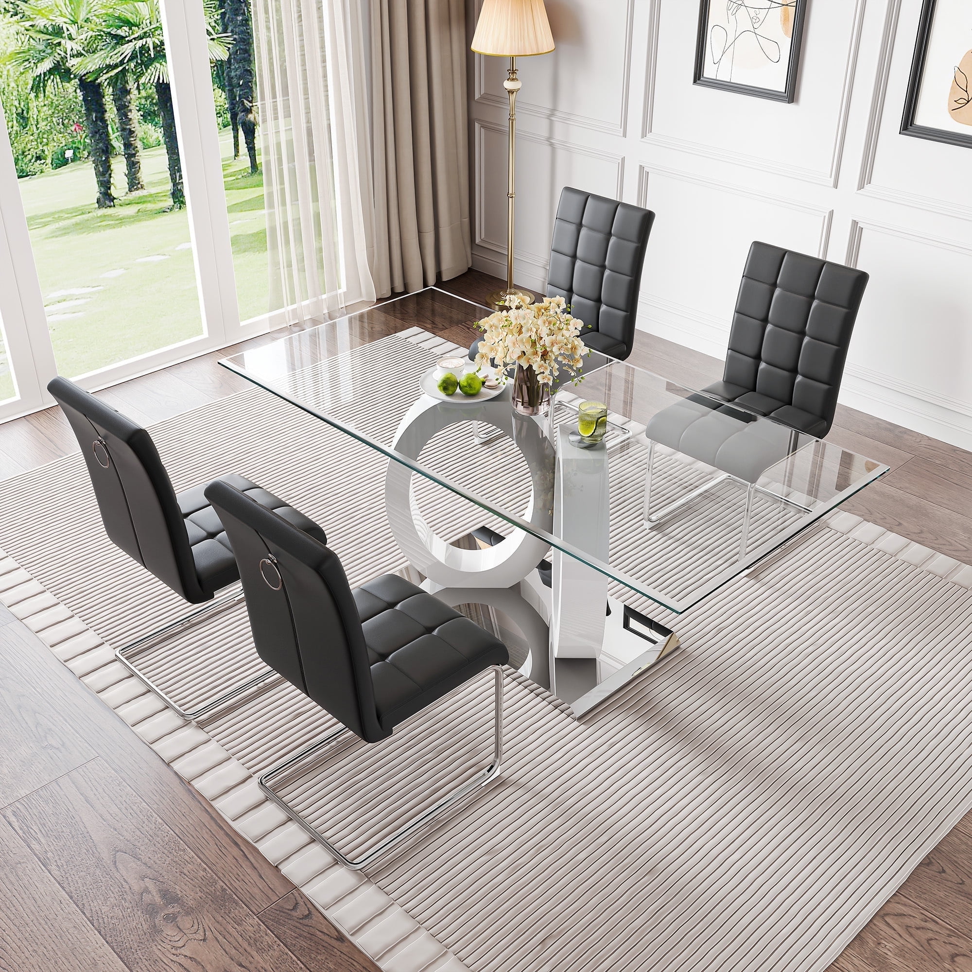 5-Piece 70" Glass Dining Table set, Tempered Glass Tabletop with Double ...