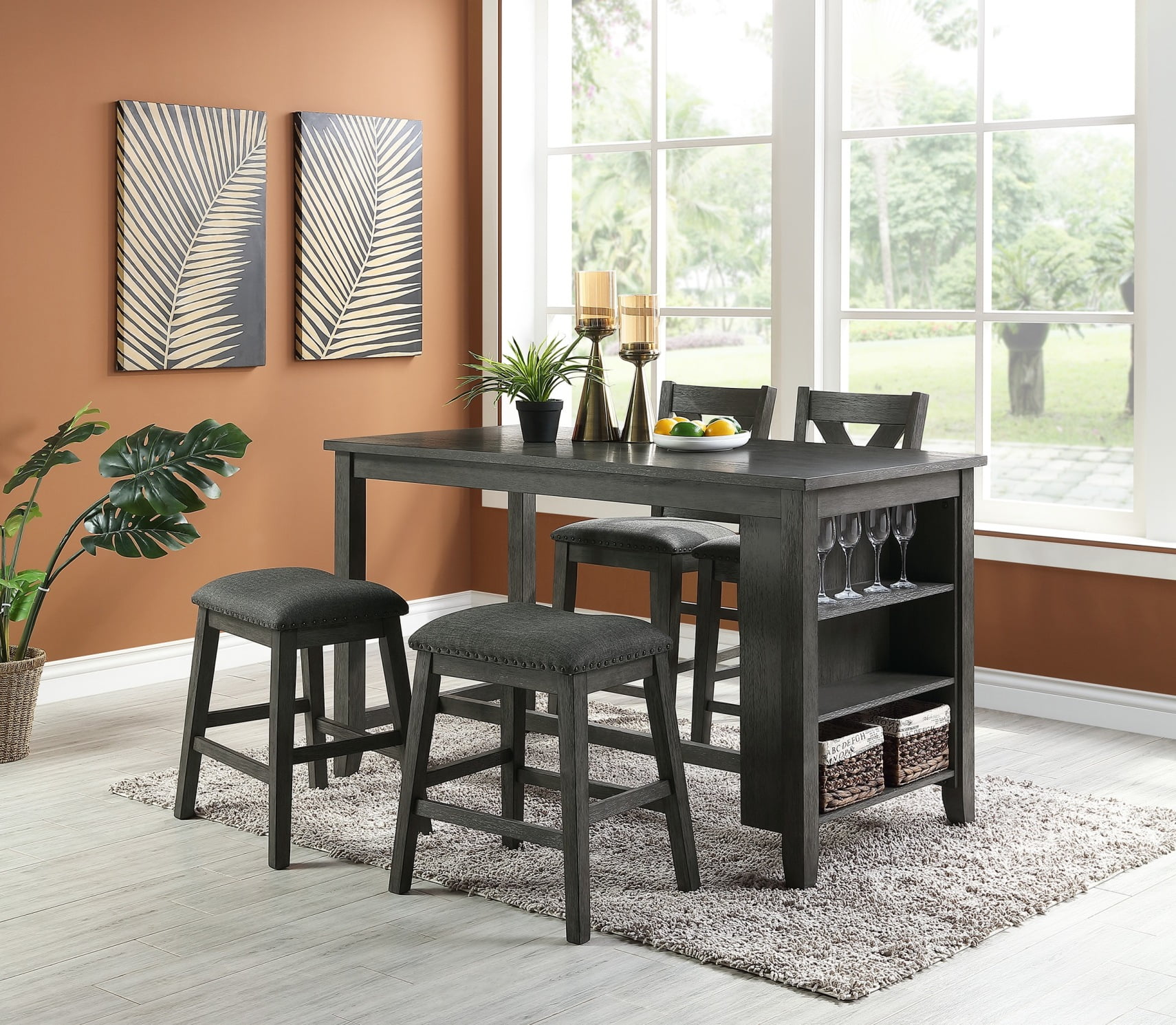 5-Piece Bar Table and Chairs Set with Storage Shelves, Dining Table Set ...