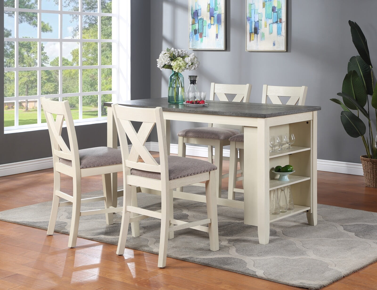 5-Piece Bar Table and Chairs Set with Storage Shelves, Dining Table Set ...