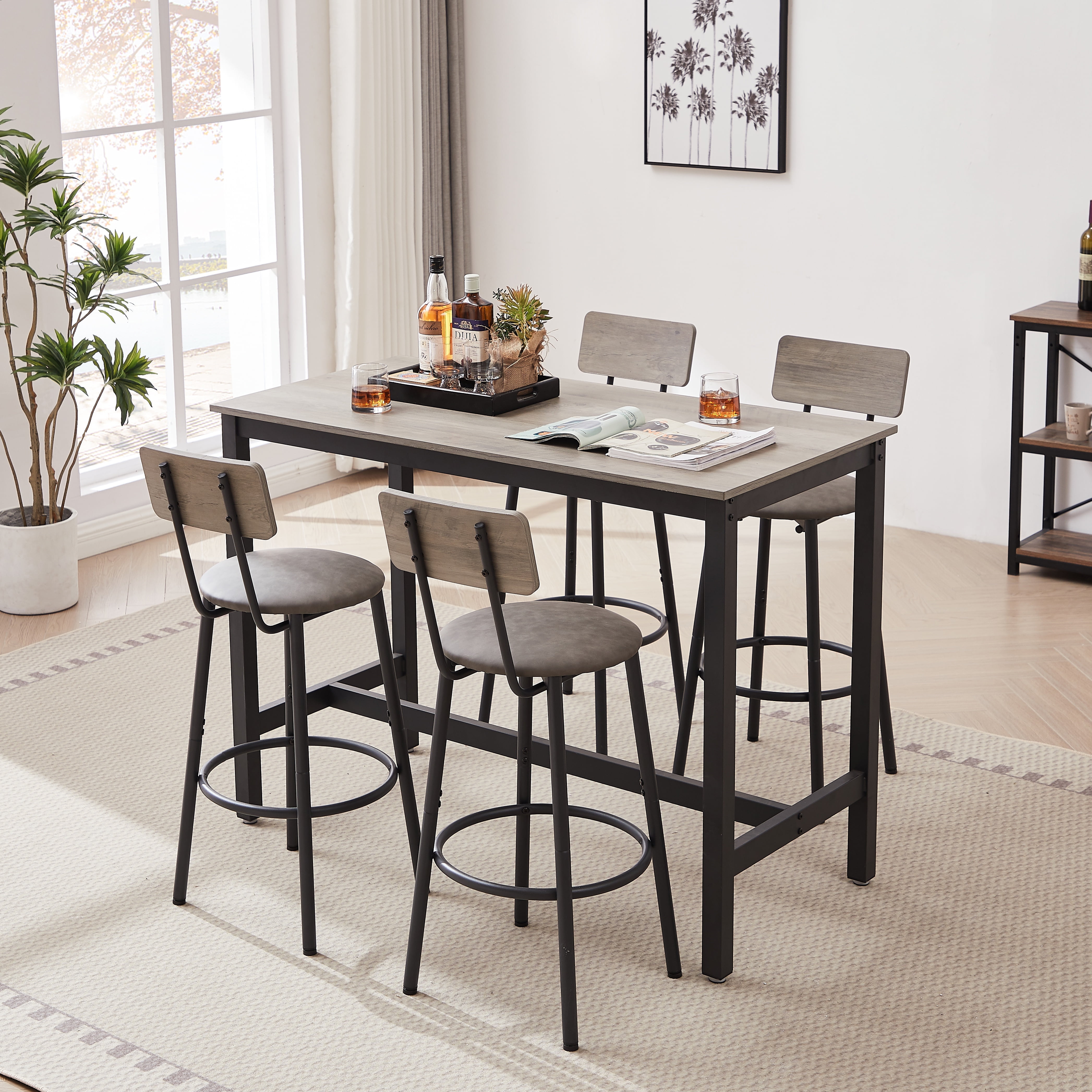 5-Piece Bar Table and Stools Set, Industrial Pub Dining Set with ...