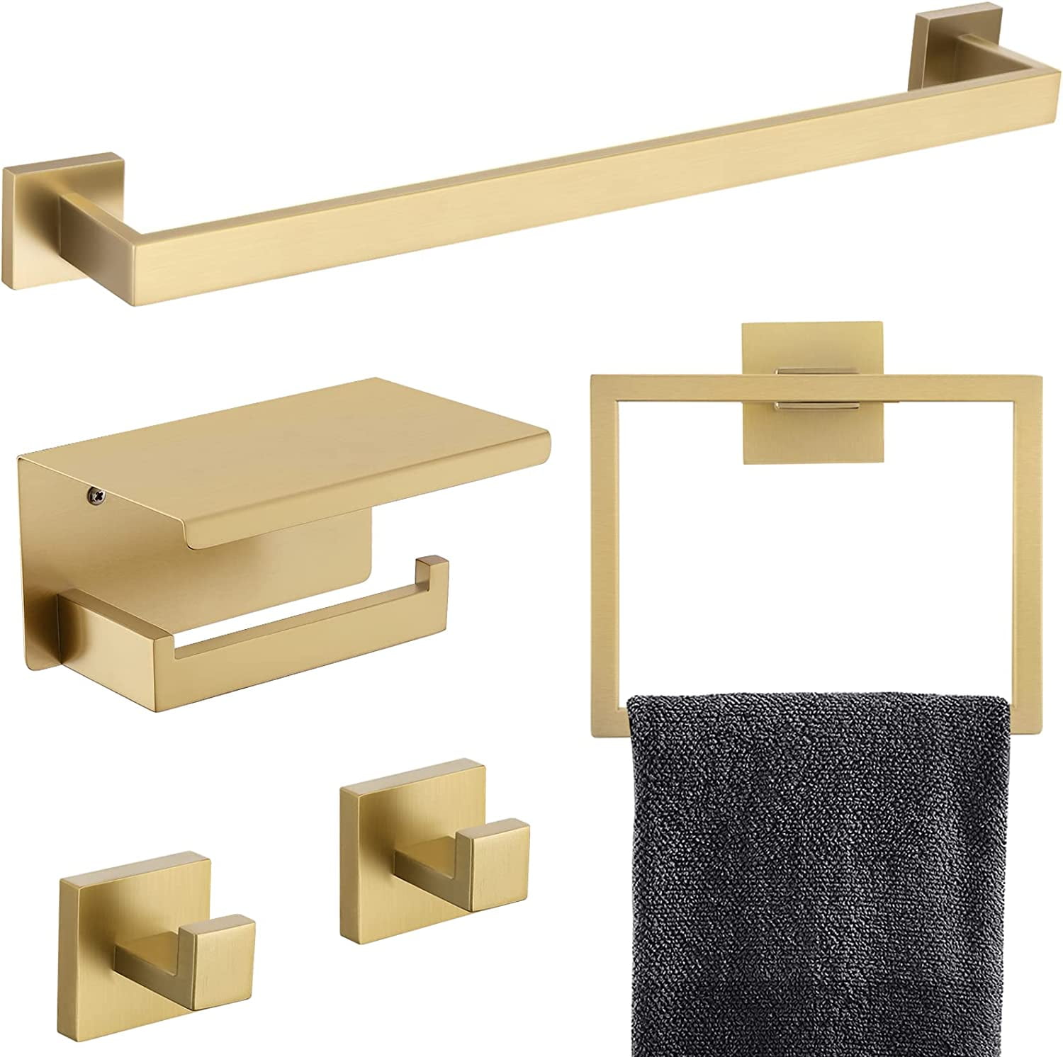 5-Piece Bathroom Hardware Set 23.6 Inch Gold Towel Bar Set Towel Bar ...