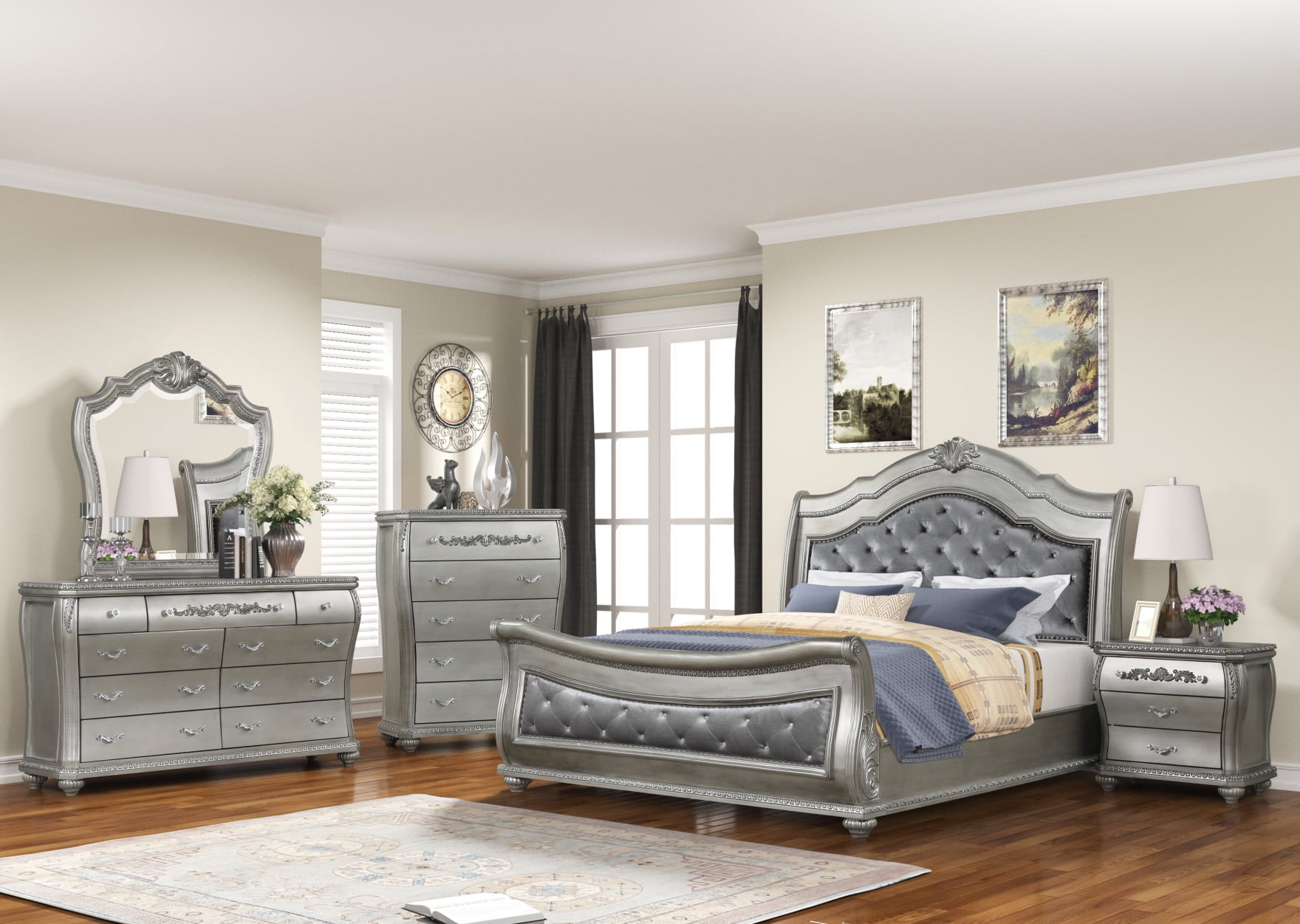 5 Piece Bedroom Set, King Size Bed Frame Platform with Crystal ...