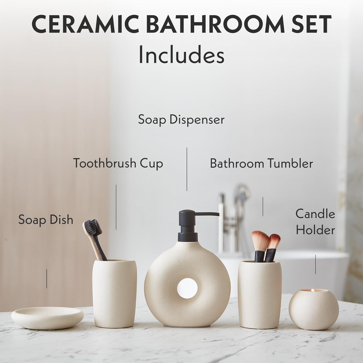 5 - Piece Beige Ceramic Bathroom Accessory Set - Includes 16 Oz Soap ...