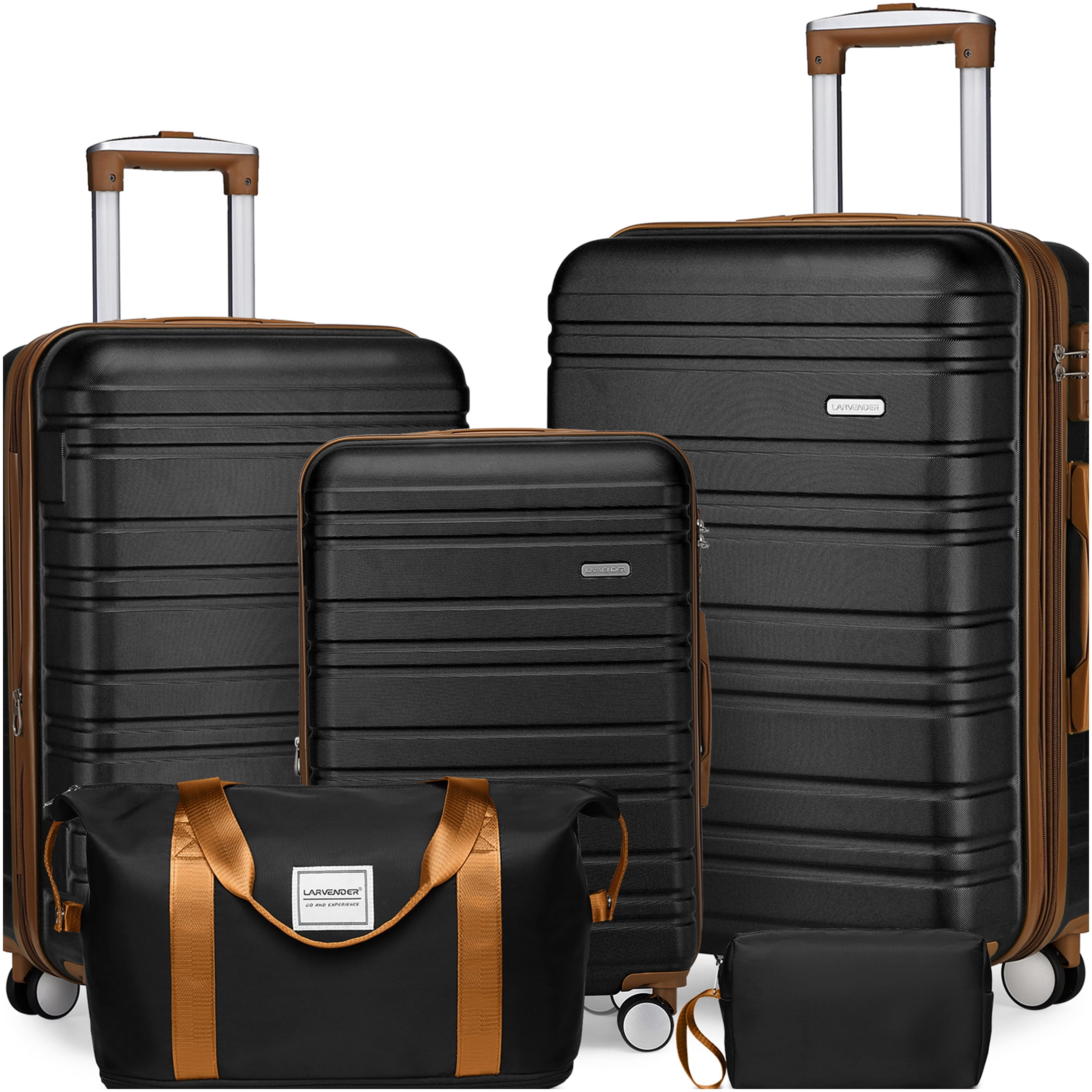 5-Piece Black Brown Luggage Set with Expandable Hardside Suitcases and ...