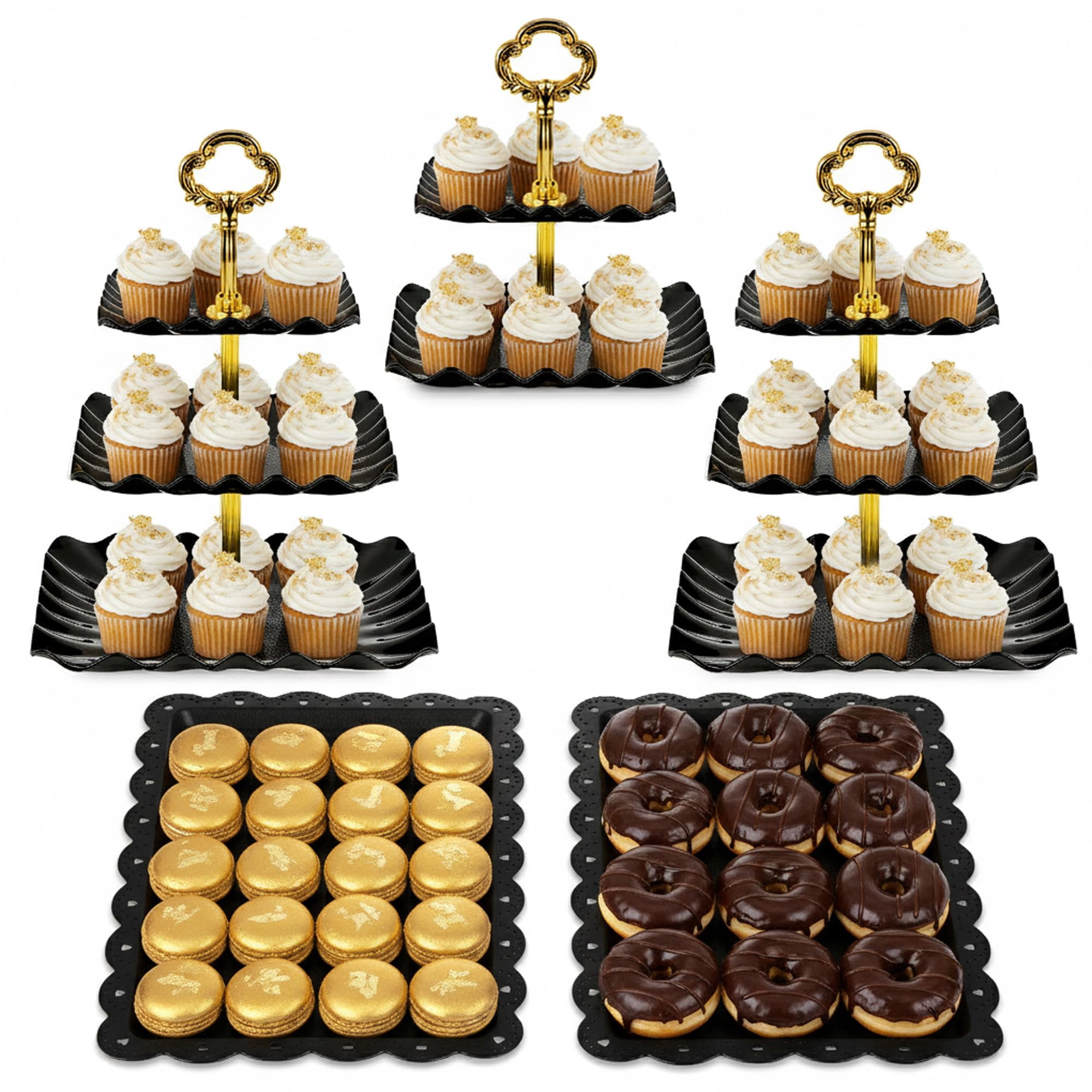5 Piece Black Cake Stand Set with 2 3-tier Cupcake Stands 1 2-tier ...
