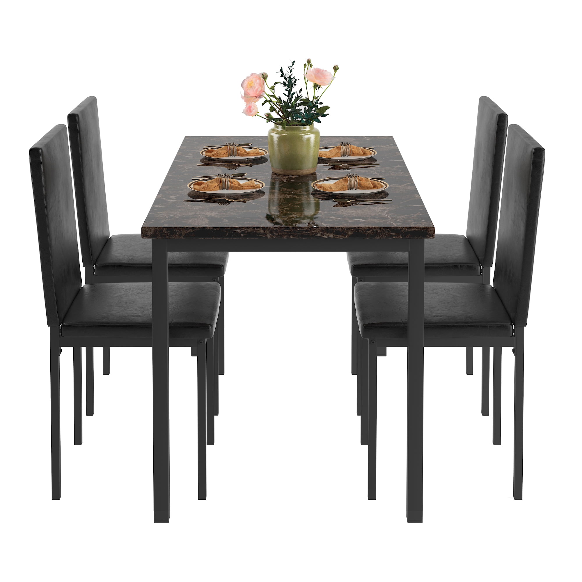 5 Piece Black Dining Table Set, Kitchen Table Sets with PU Leather ...