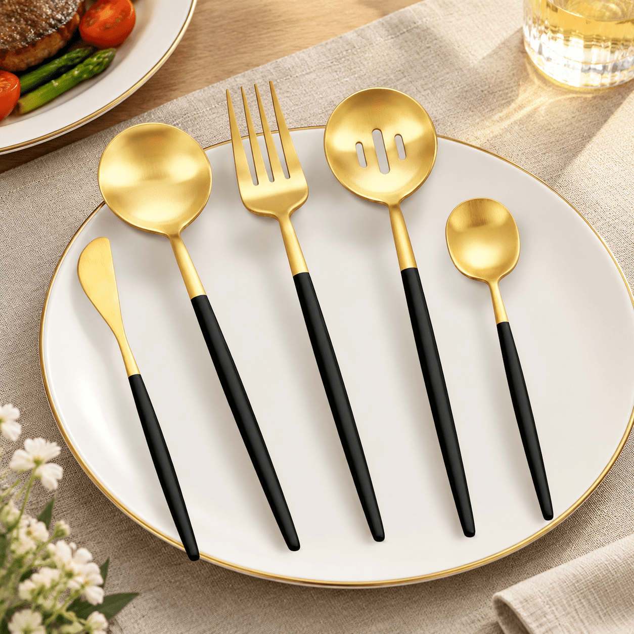 5-Piece Black Gold Serving Utensils Set, Stainless Steel Hostess Set ...