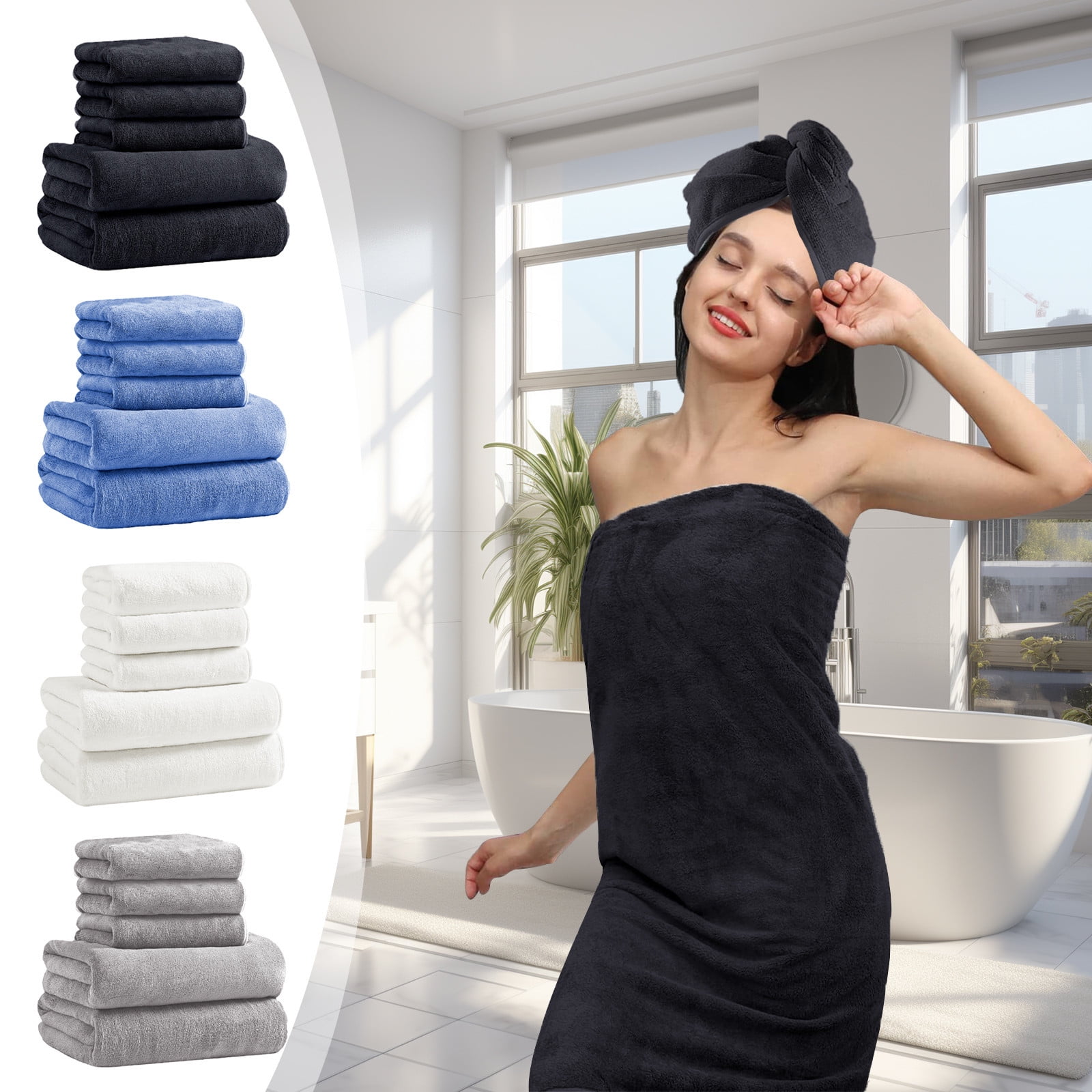 5-Piece Black Polyester Bath Towel Set | Thick Soft Absorbent Towels ...