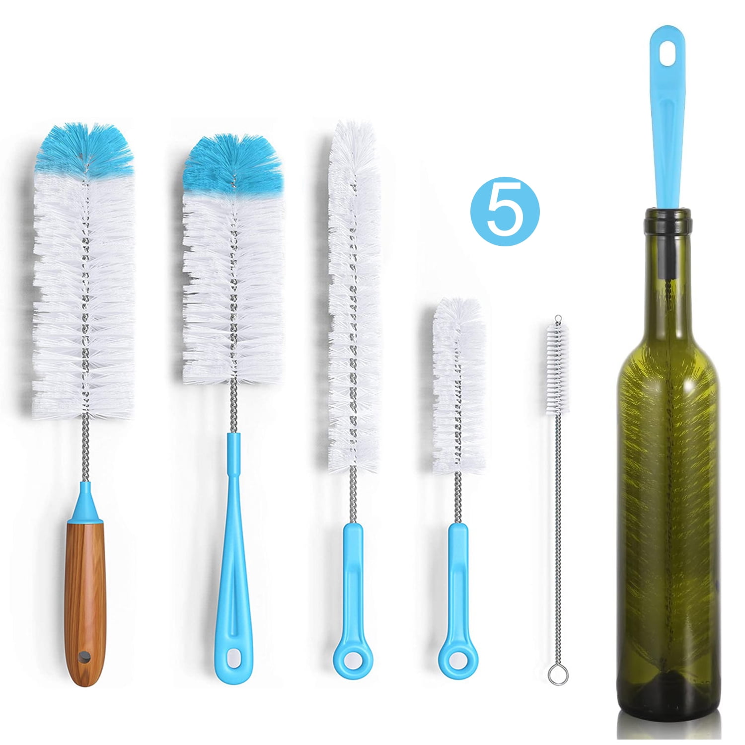 5-Piece Bottle Brush Cleaner, Long Water Bottle and Straw Cleaning Brush, Kitchen Brush Set in ...