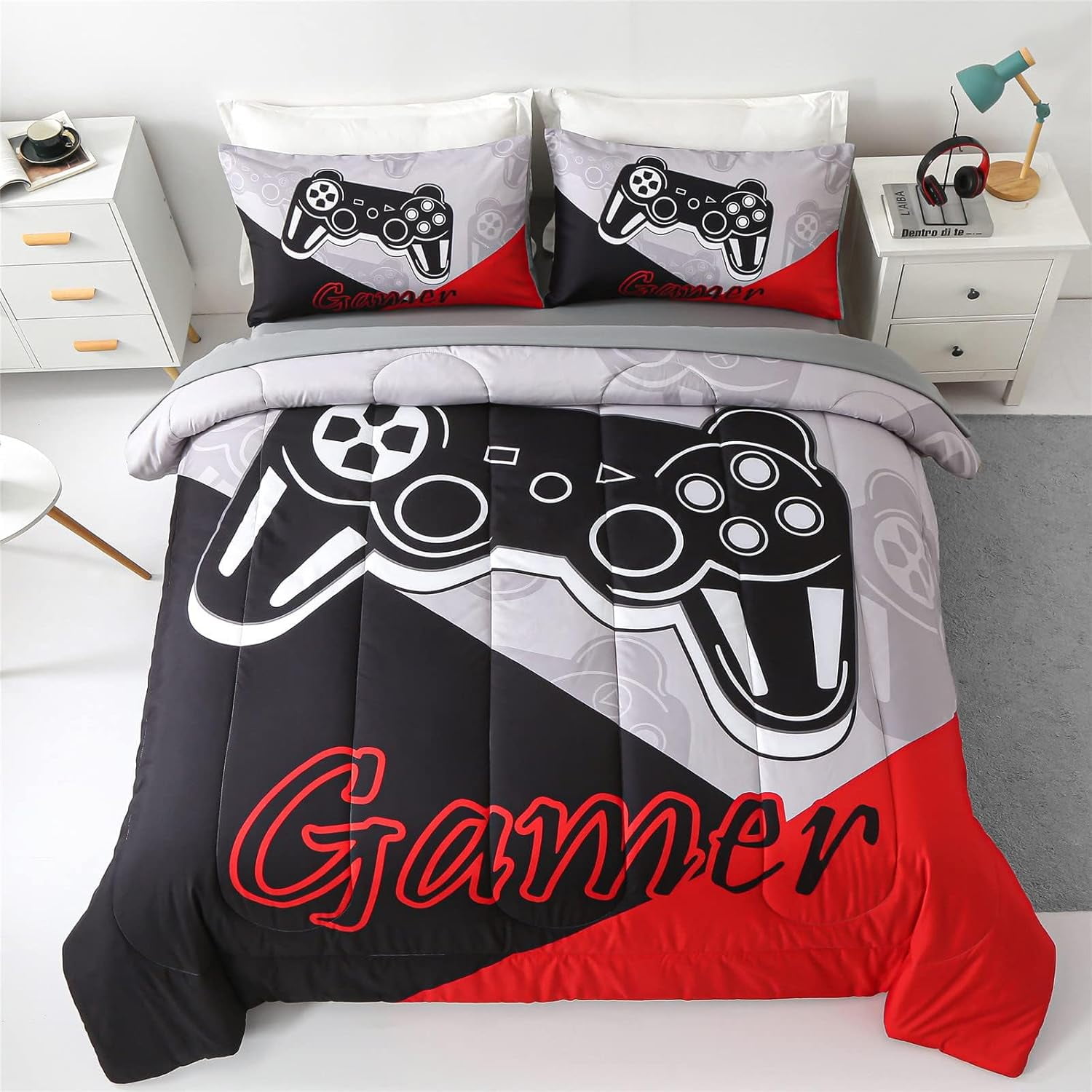 5 Piece Boys Queen Gamer Comforter Set with Sheets (Red, Queen ...
