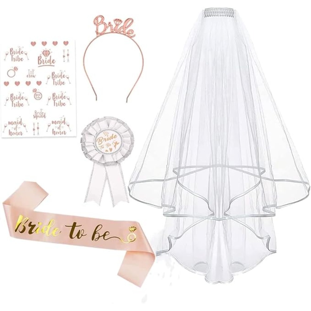 5-Piece Bridal Party Kit, Sparkling Tiara with Comb Veil and Rose Gold ...