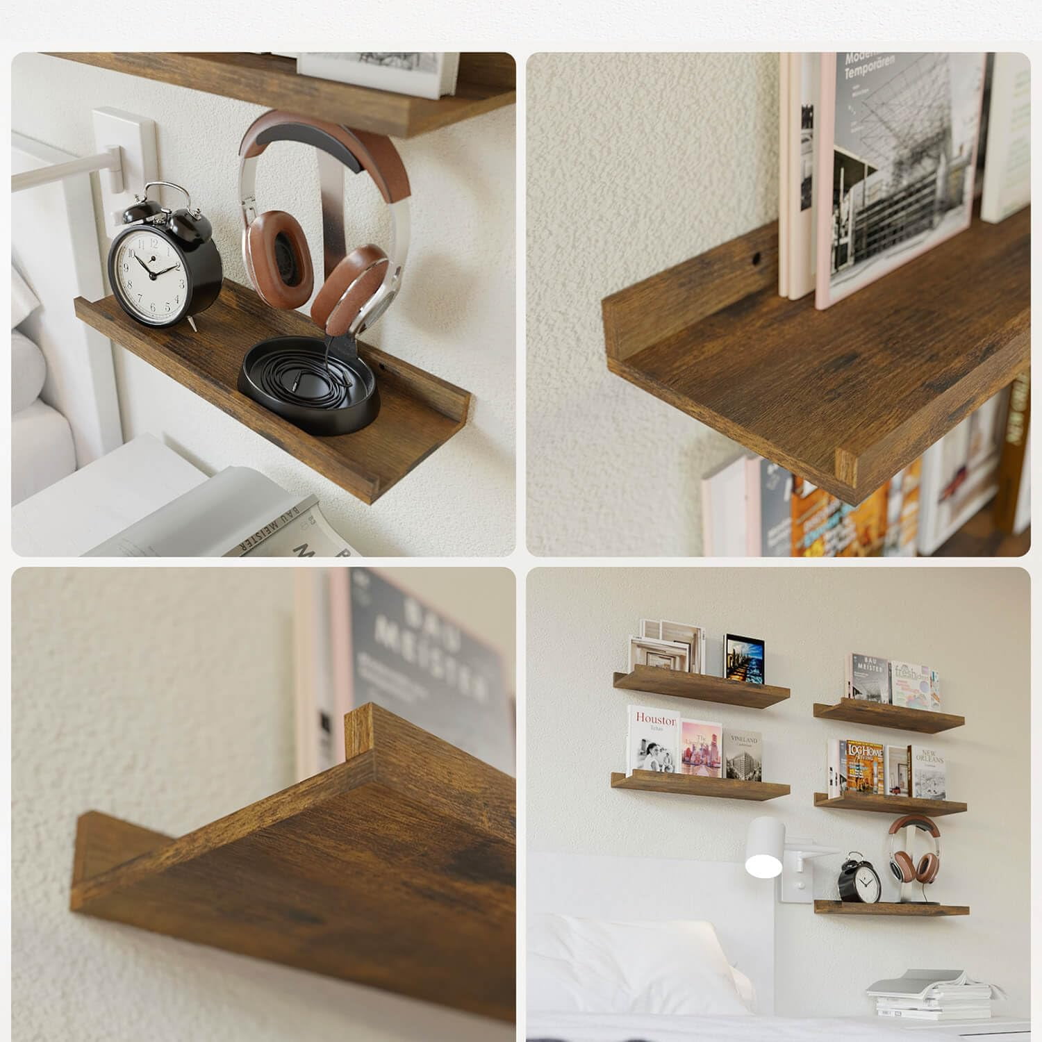 5-Piece Brown Floating Wall Shelves, Wall Mounted Bookshelf & Picture ...