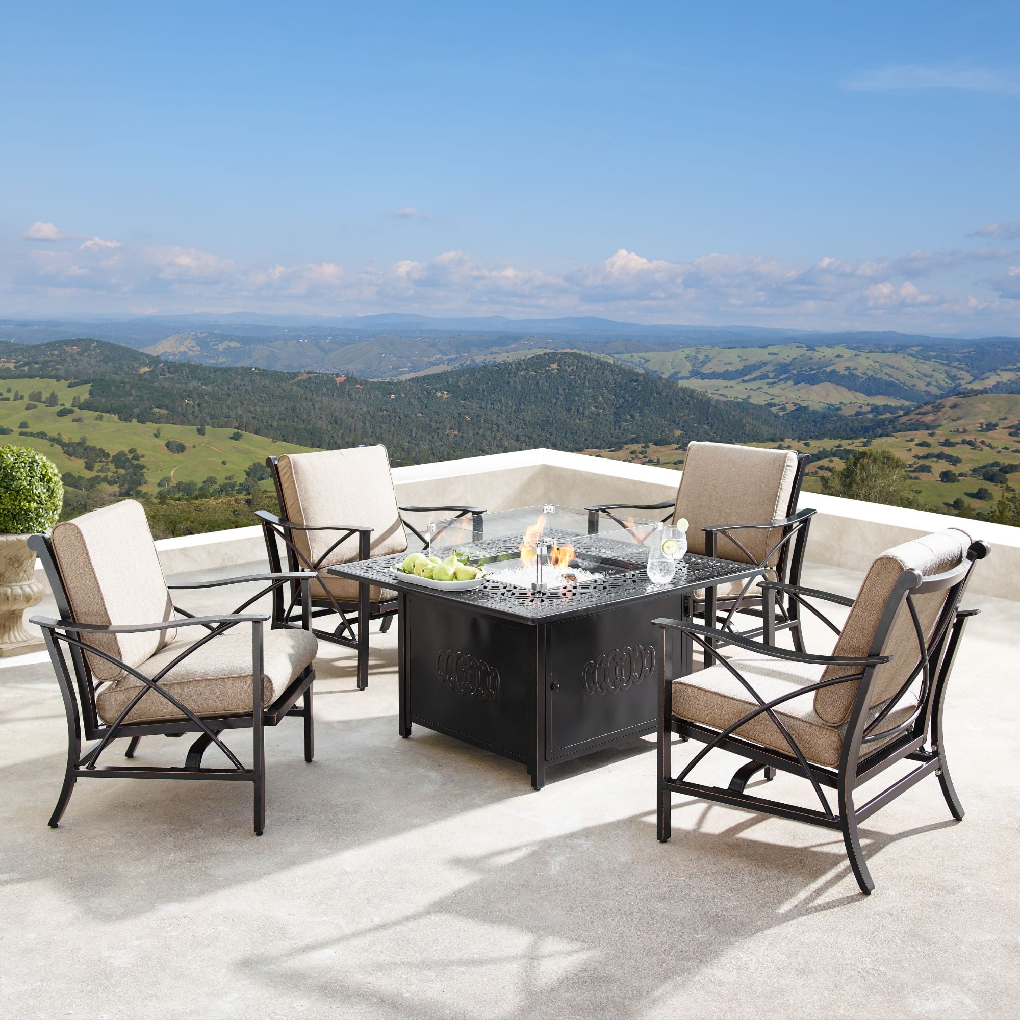 5-Piece Brown and Black Outdoor Patio Round Fire Table with Four ...