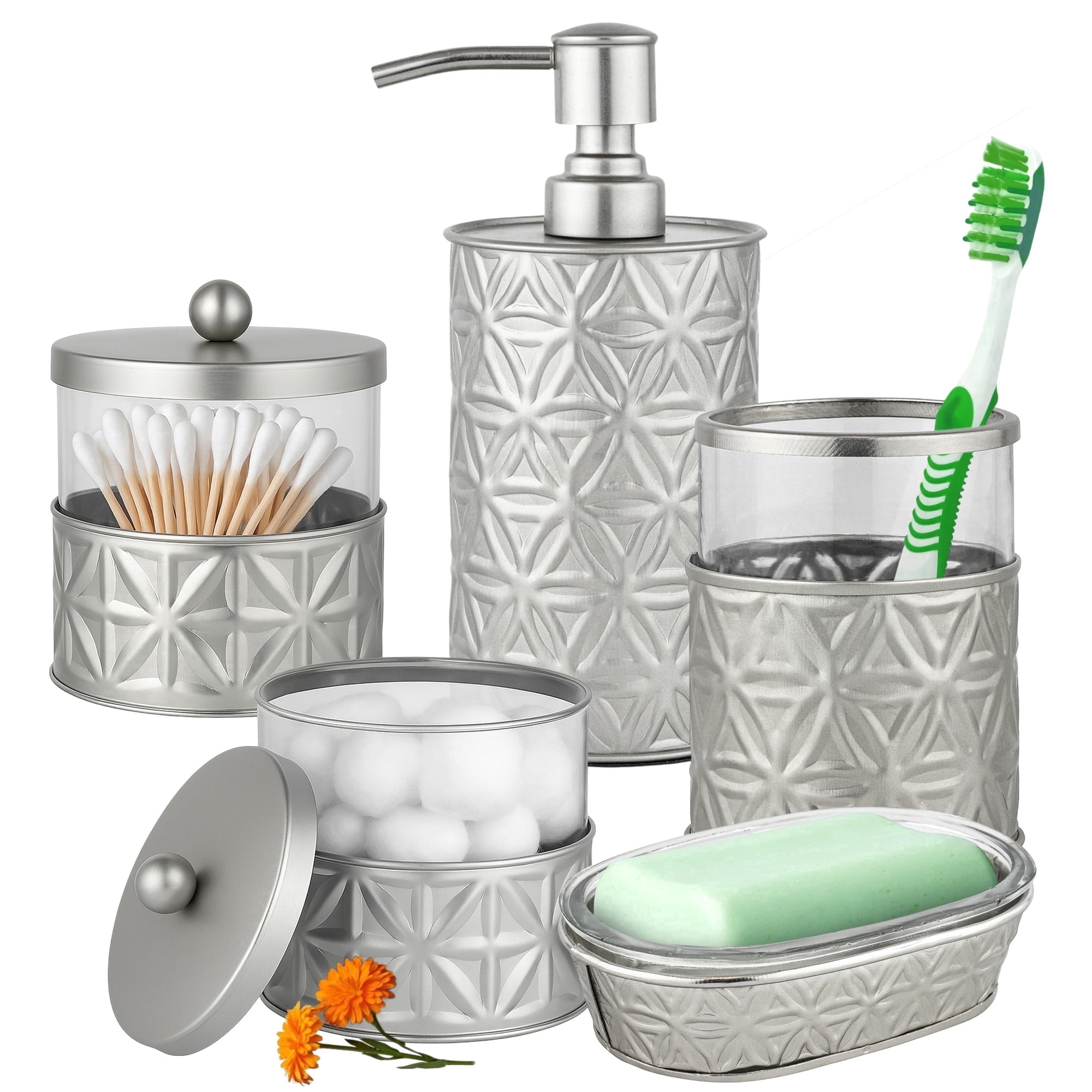 5-Piece Brushed Nickel Bathroom Accessories Set, Metal & Glass, 304 ...