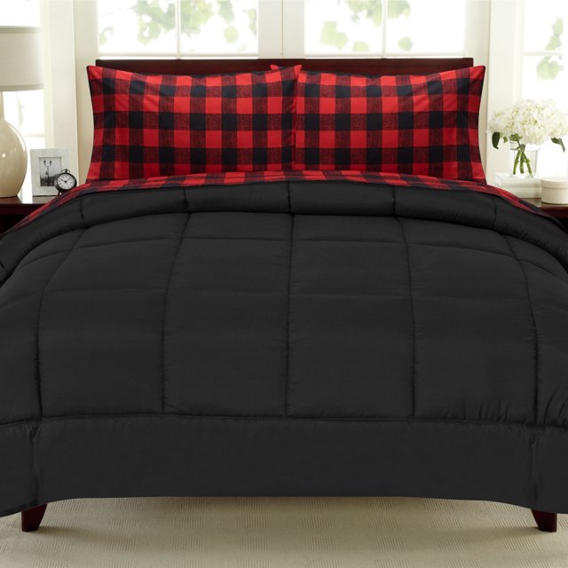 5 Piece Buffalo Check Sheet and Comforter set Burgundy Black - Walmart.com