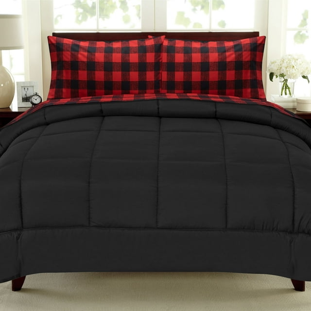 5 Piece Buffalo Check Sheet and Comforter set Burgundy Black - Walmart.com