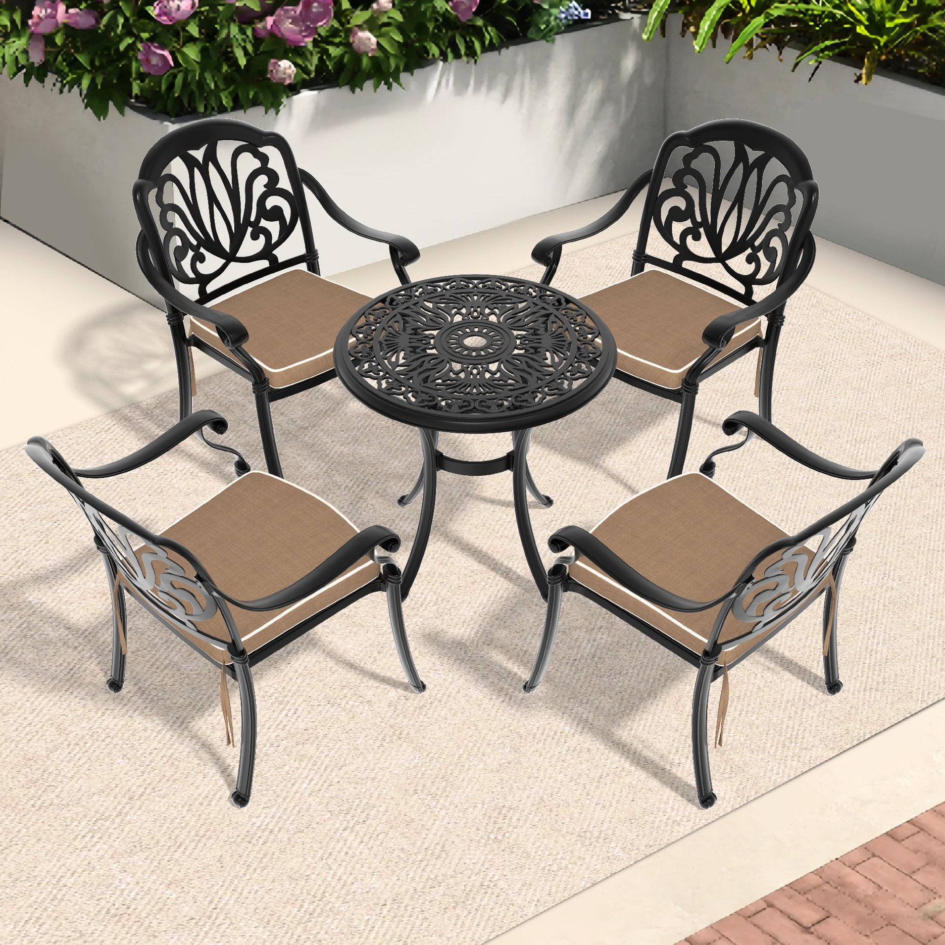 5-Piece Cast Aluminum Garden Set - 4 Seats, Black, Corrosion-Resistant ...