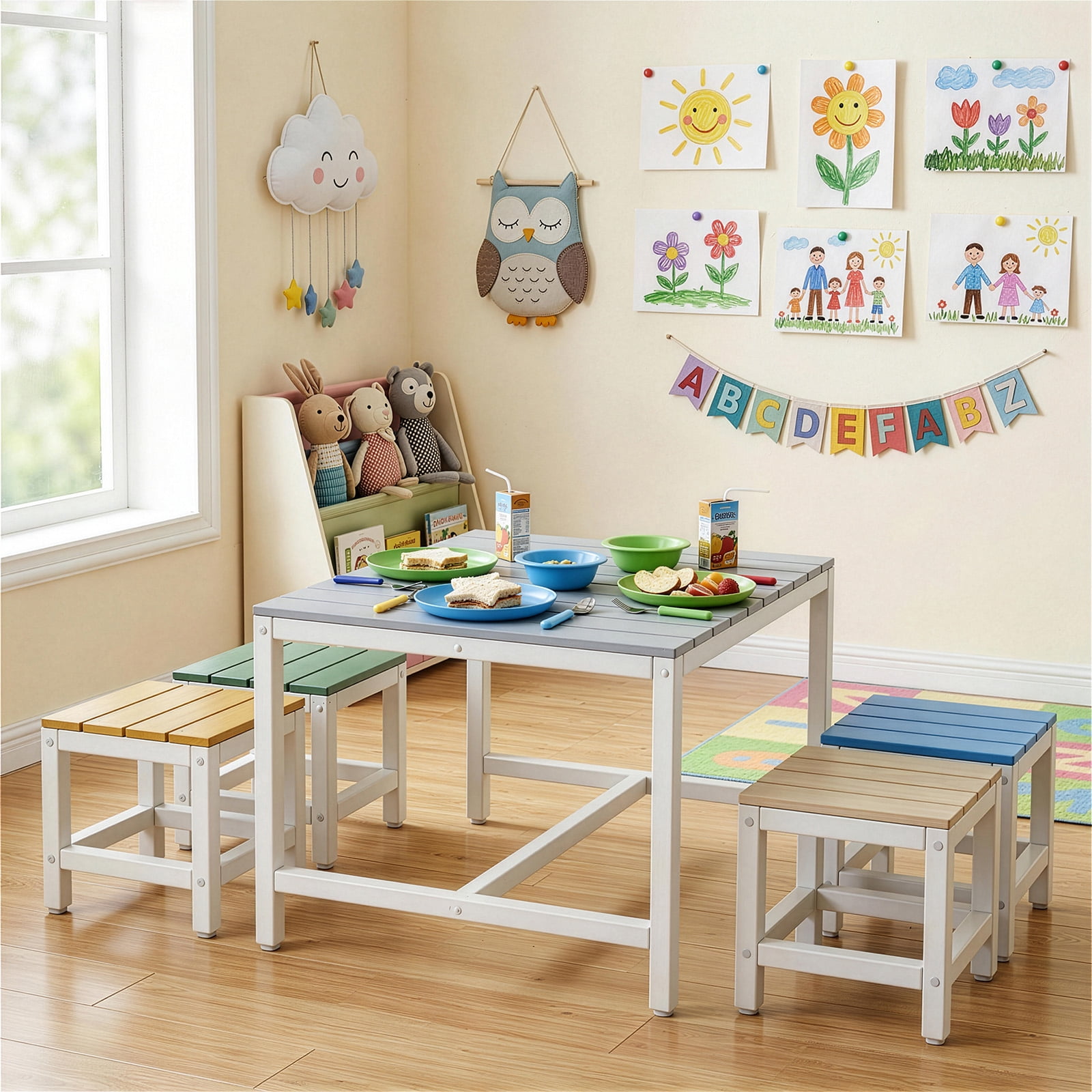 5-Piece Children's Patio Table And Chair Set (1 Table + 4 Stools), 29.5 ...