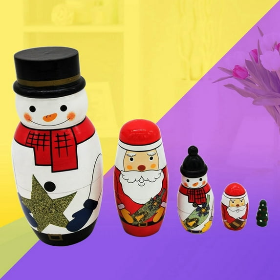 5-Piece Christmas Decor Wooden Nesting Dolls Figurine Flat Top Snowman ...