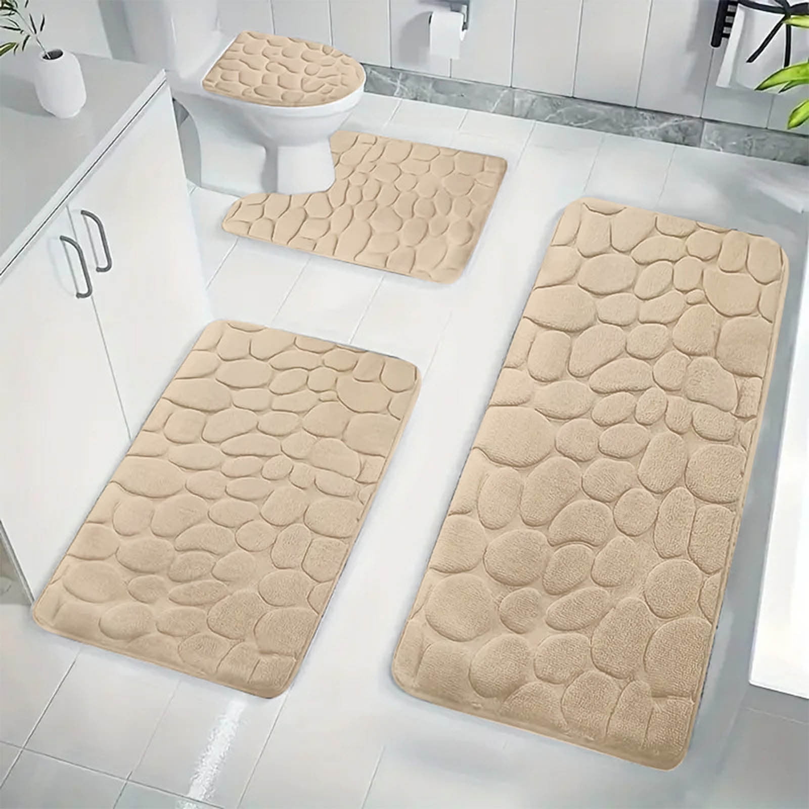 5 Piece Cobblestone Memory Foam Bath Mats, Extra Thick Non Slip Mats ...