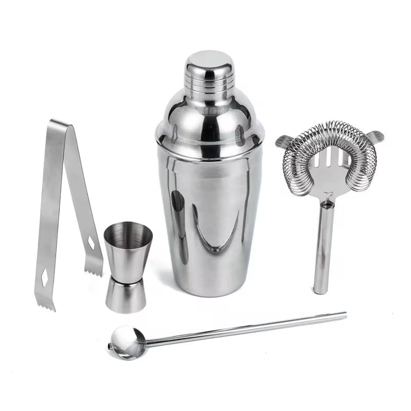 5-Piece Cocktail Shaker Set Shaker Strainer Jigger T-Mixing Spoon ...