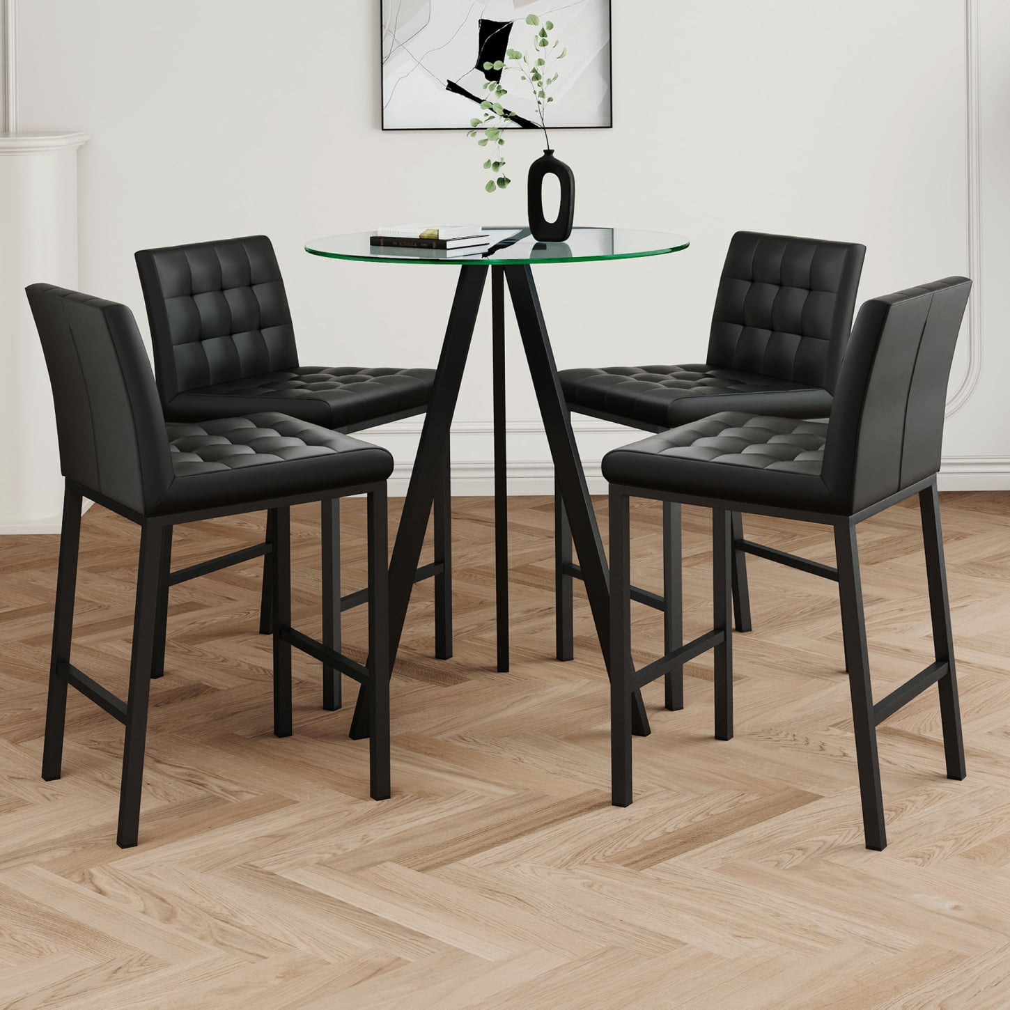 5-Piece Commercial-Grade Bar Set with Tempered Glass Top & PU Leather ...