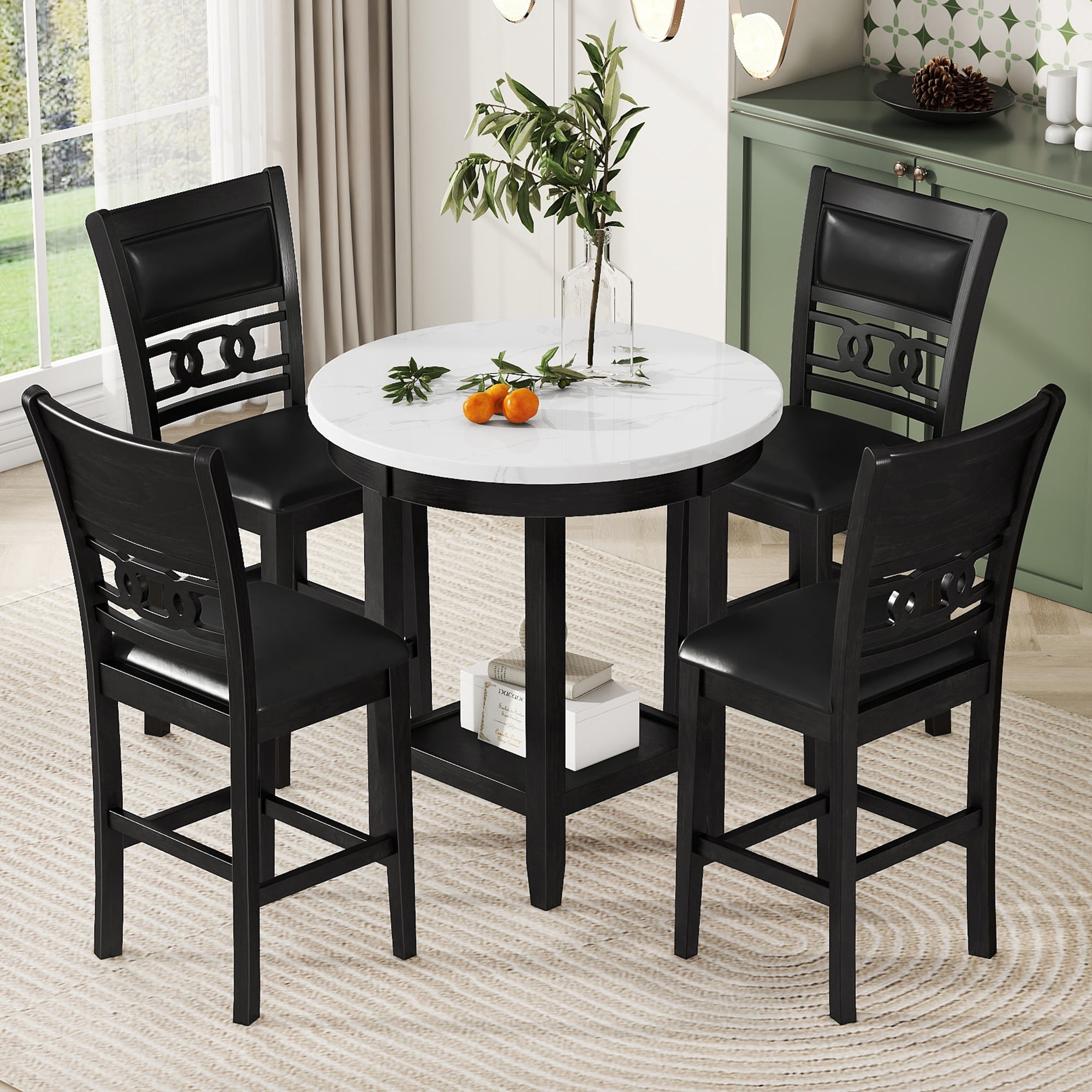 5-Piece Counter Height Dining Round Table Set with One Faux Marble Top ...