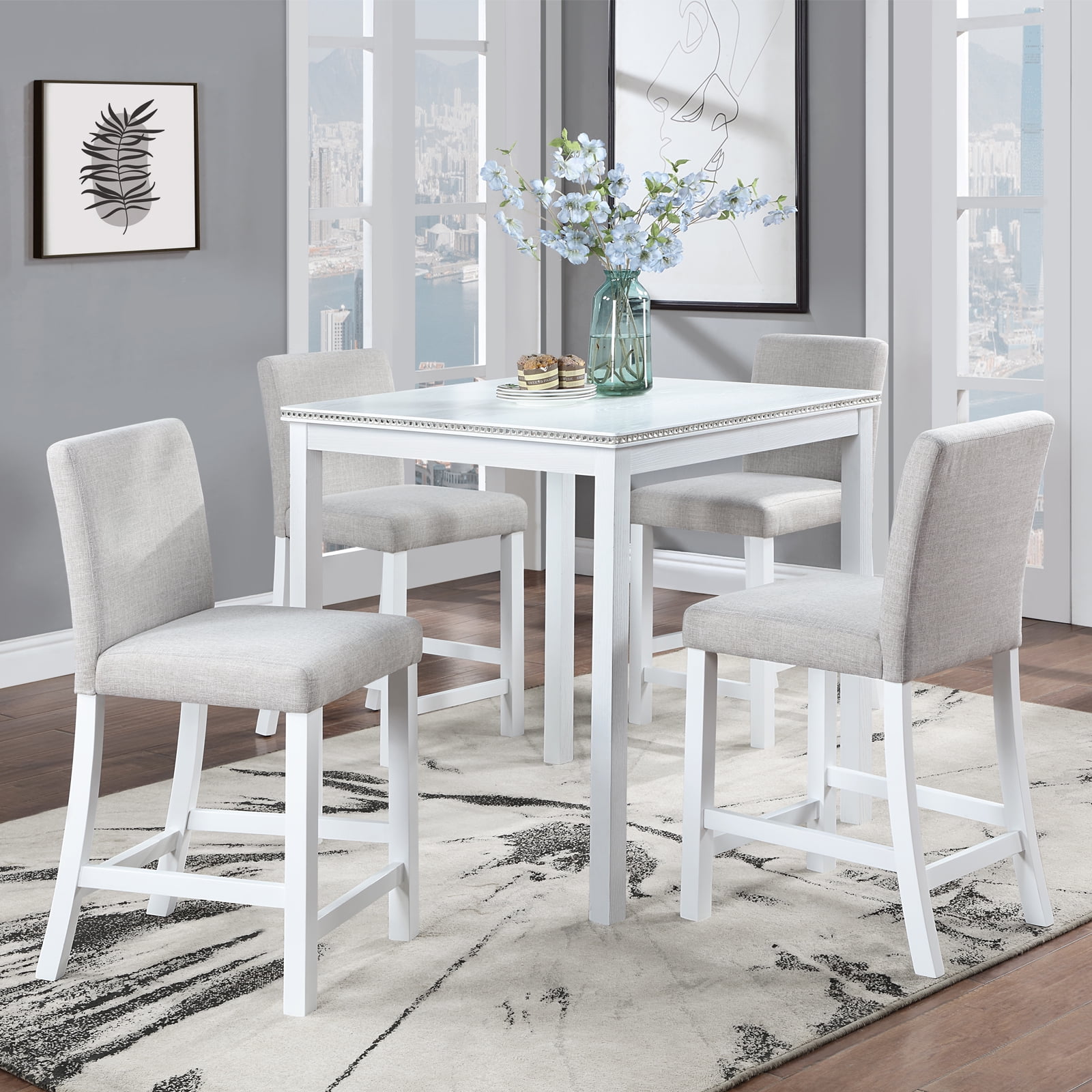 5-Piece Counter Height Dining Set - 34.5" Square Table & 4 Upholstered ...