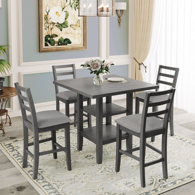 5-Piece Counter Height Dining Set with 2-Tier Storage Shelves and 4 ...