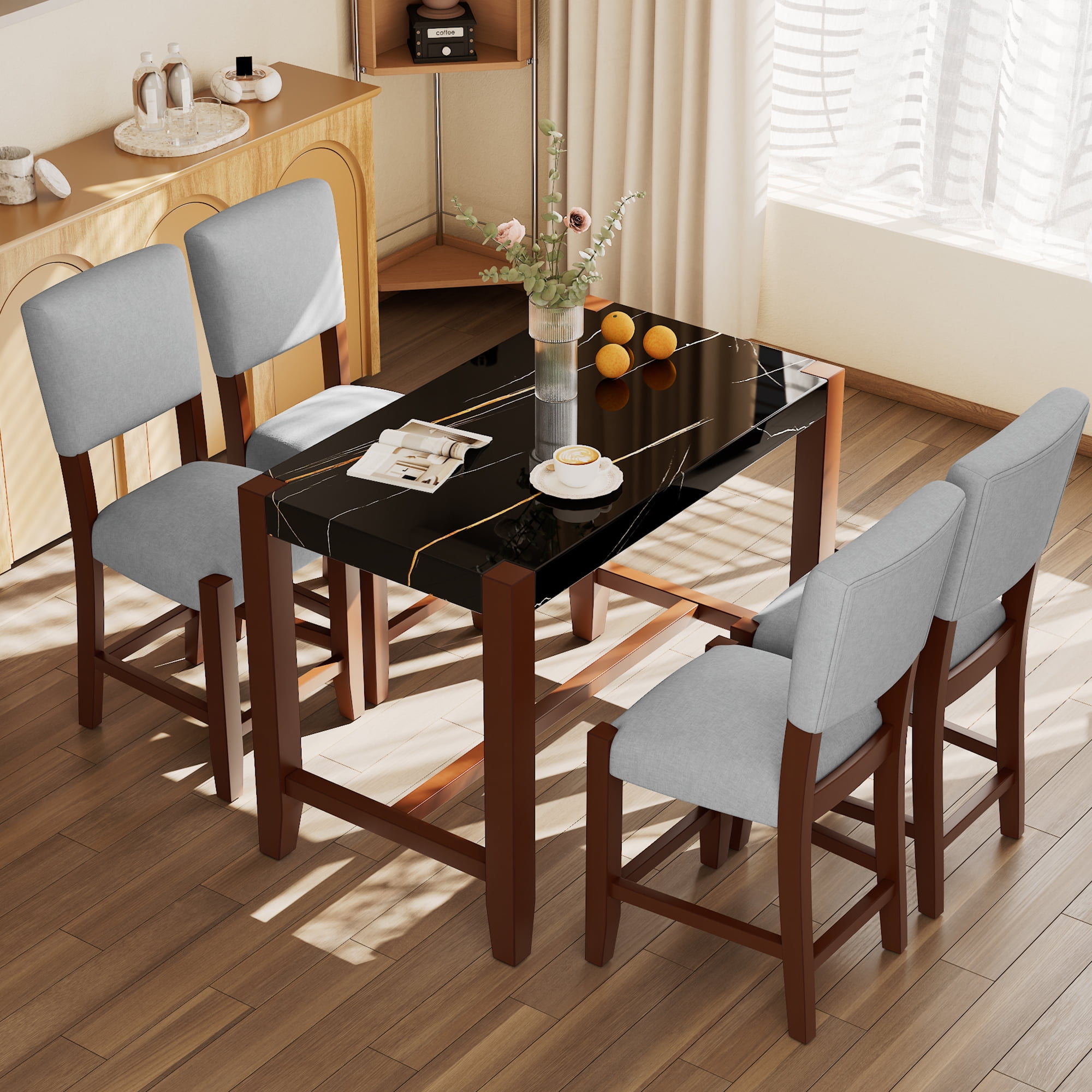 5-Piece Counter Height Dining Table Set, Faux Marble Bar Table and 4 ...