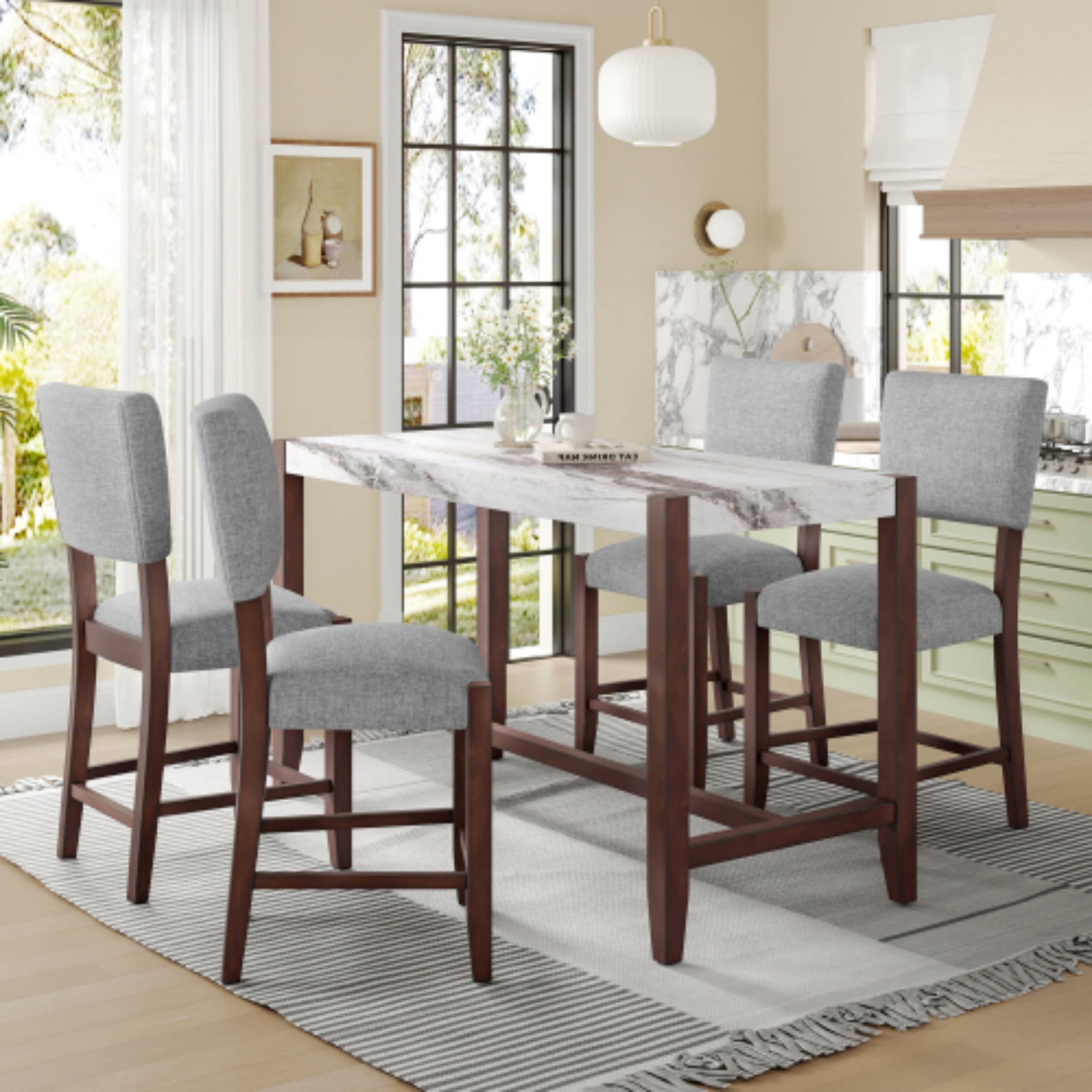5-Piece Counter Height Dining Table Set, Mid-Century 5-Piece Bar Table ...