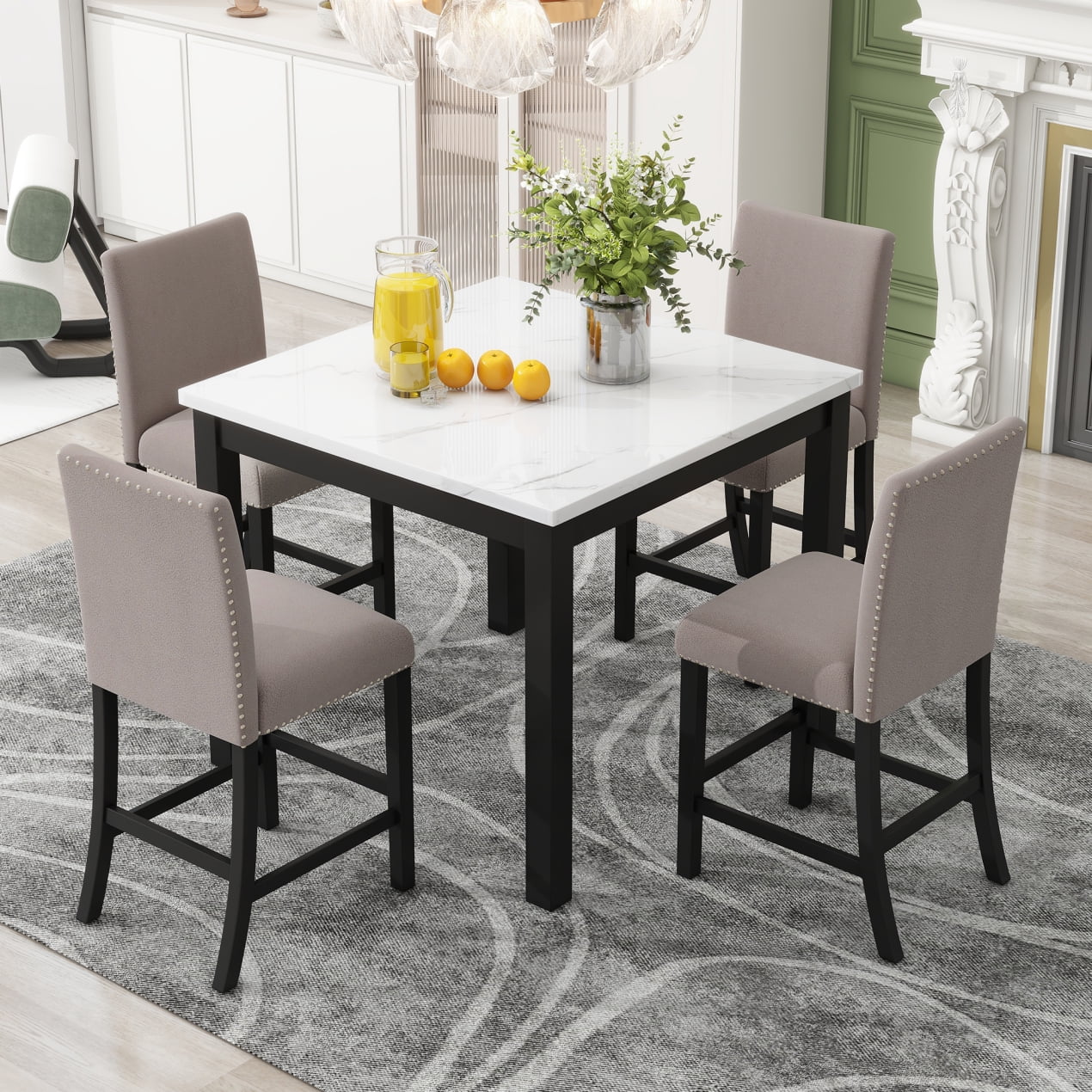 5-Piece Counter Height Dining Table Set with One Faux Marble Top Dining ...
