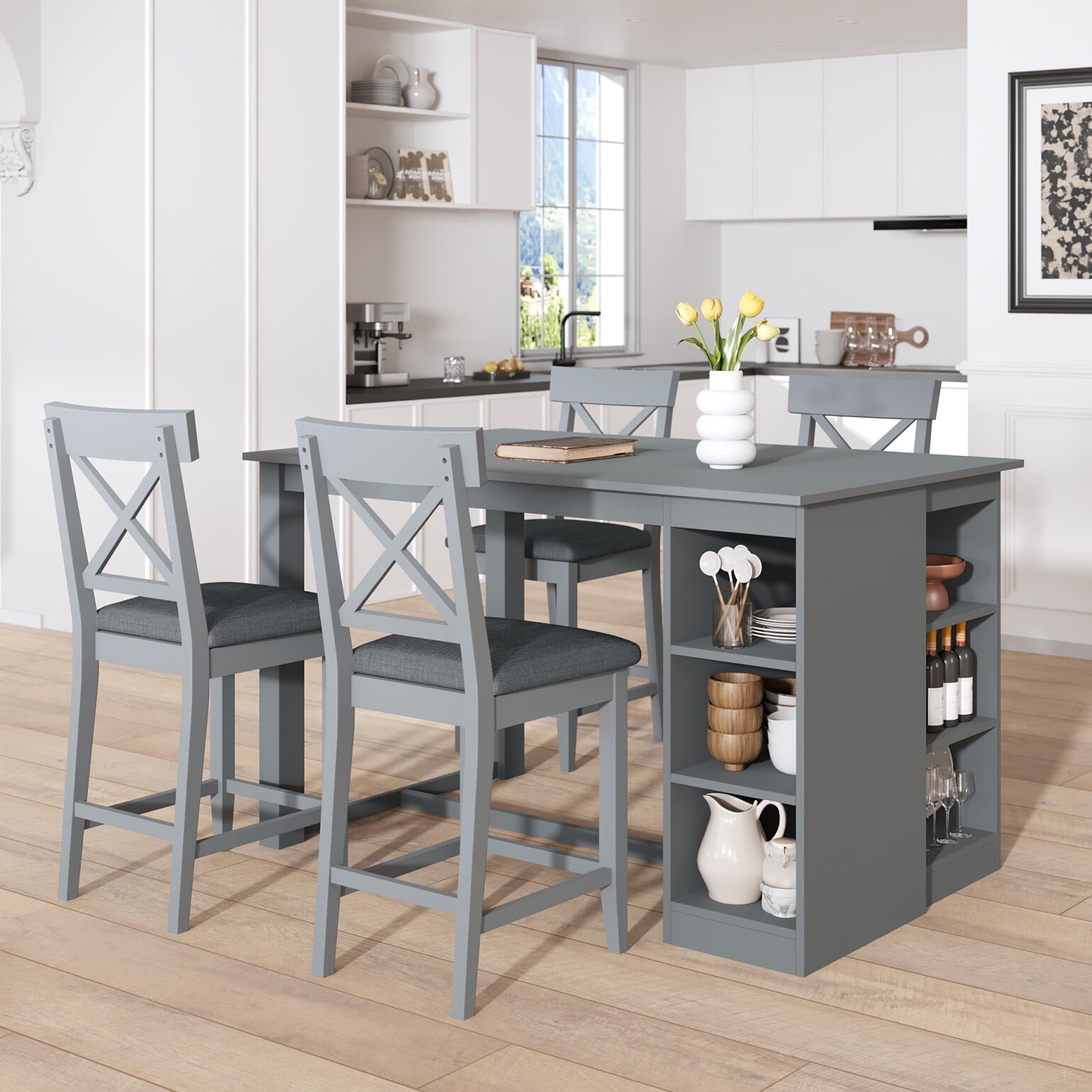 5-Piece Counter Height Dining Table Set with 3-Tier Storage Shelf, 4 ...