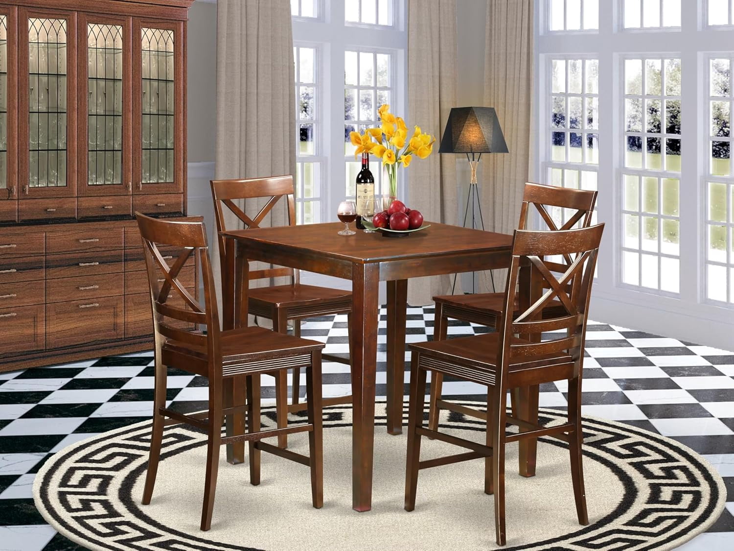 5 Piece Counter Height Pub Set with Square Table and 4 Mahogany Chairs ...